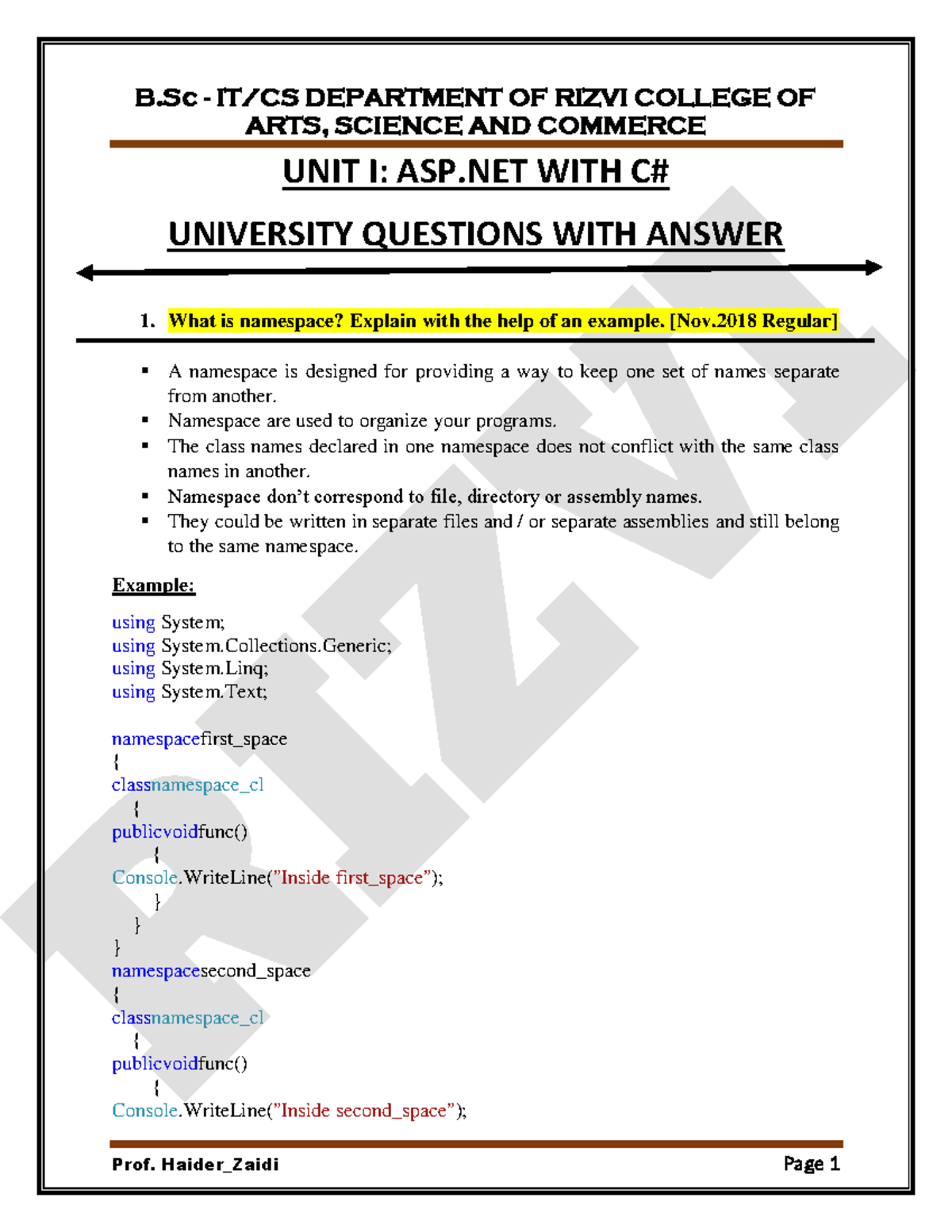 AWP UNIT 1 Questions Solution - ARTS, SCIENCE AND COMMERCE UNIT I: ASP WITH C# UNIVERSITY ...