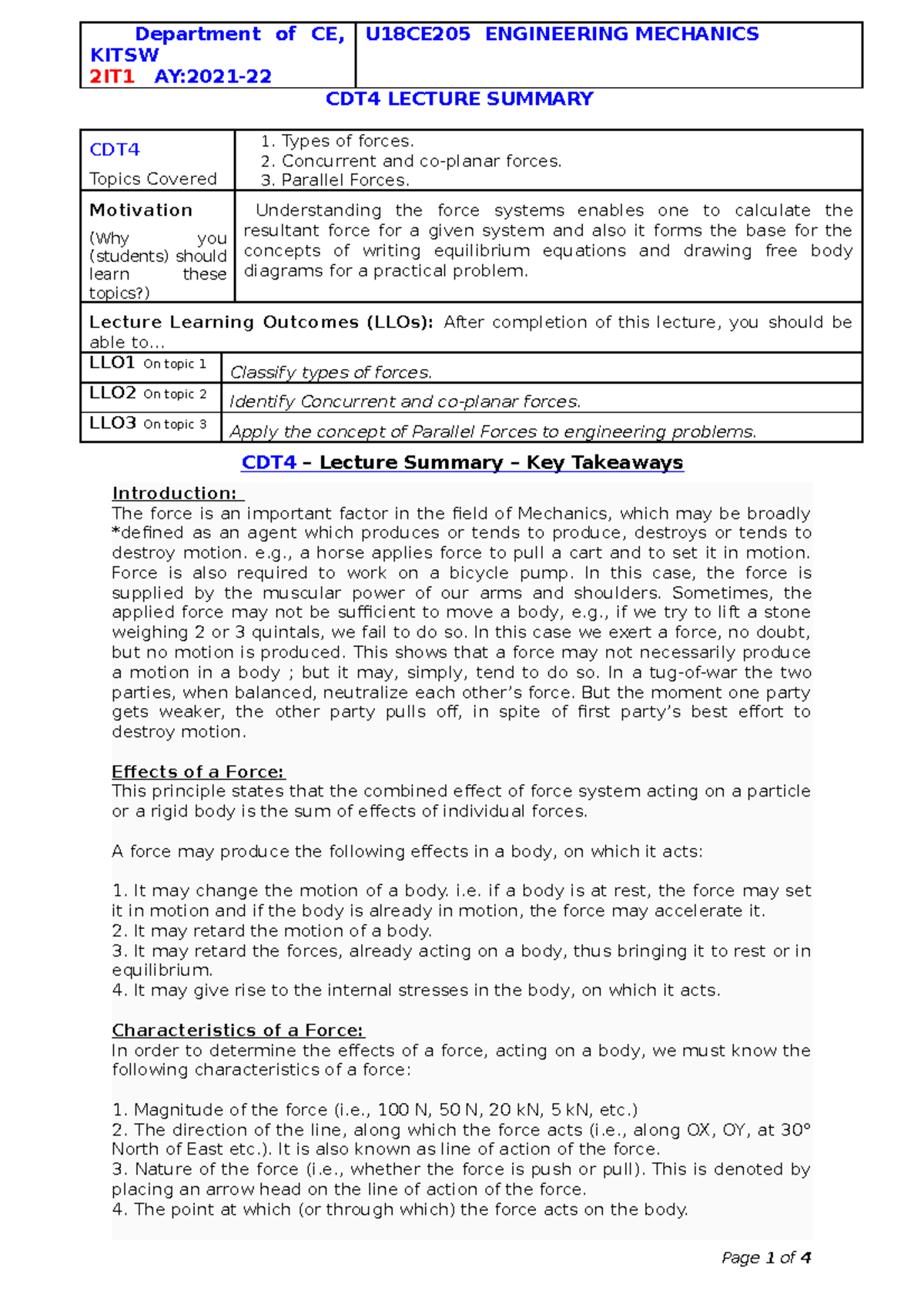 EM CDT4 WEEK1 2021-22 - Types of forces. Concurrent and co-planar ...