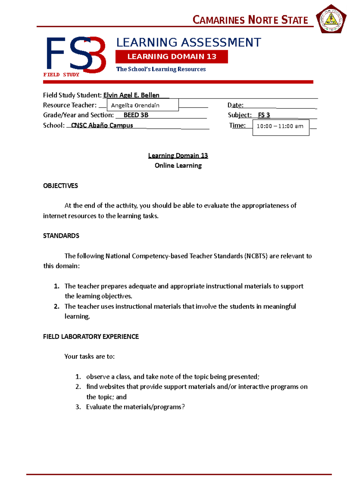Domain-13 - Domain - FIELD STUDY 3 The School’s Learning Resources ...