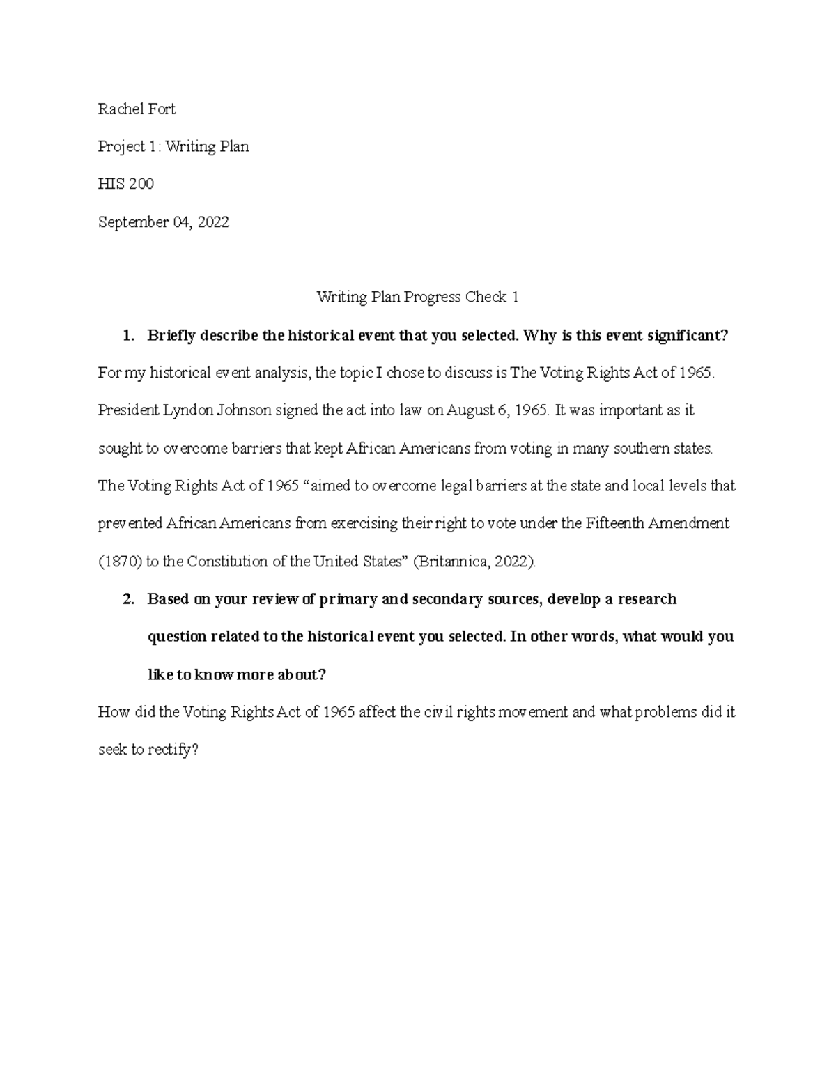 Writing Plan Module 1 - Rachel Fort Project 1: Writing Plan HIS 200 ...
