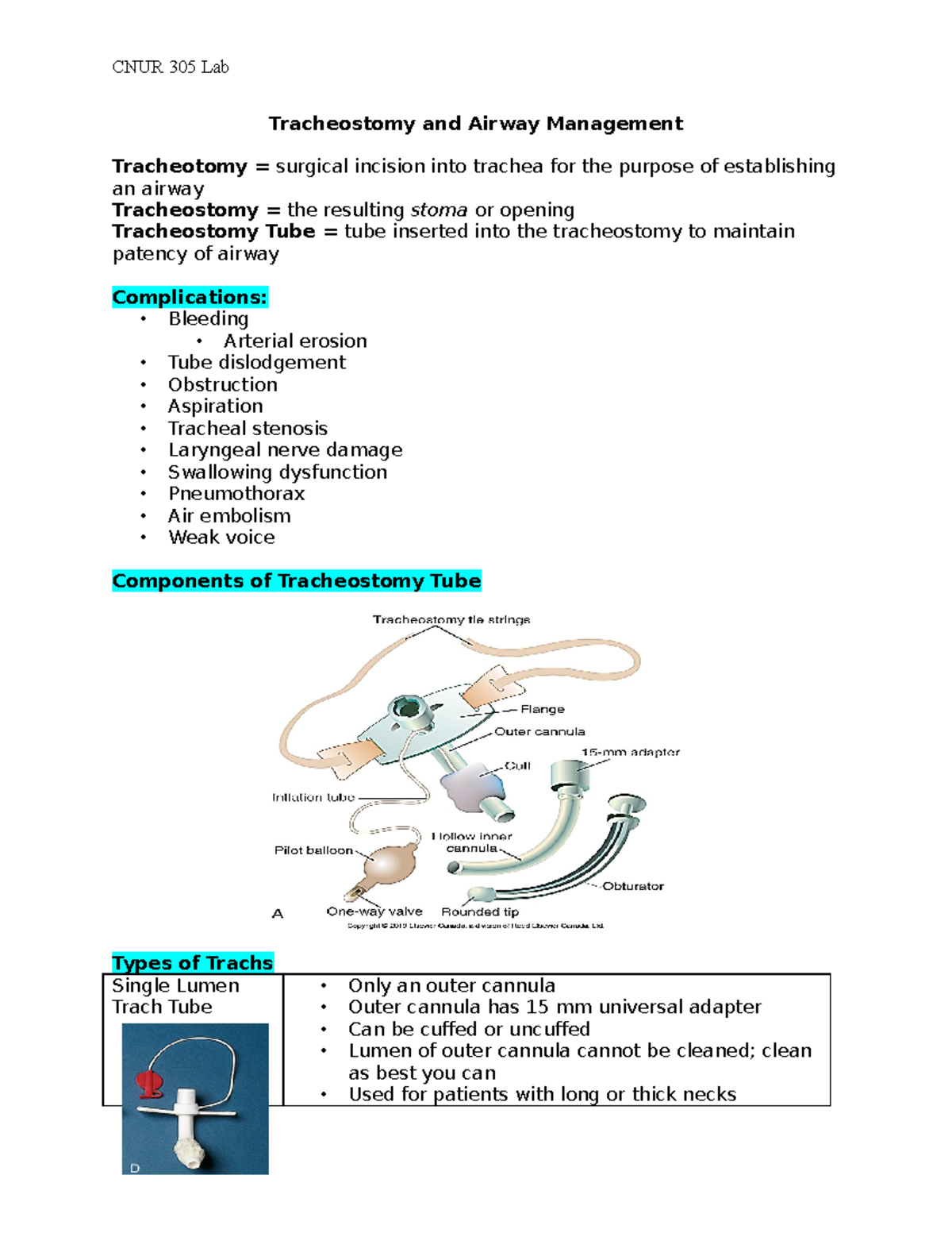 Lab Notes - Tracheostomy and Airway Management Tracheotomy = surgical ...