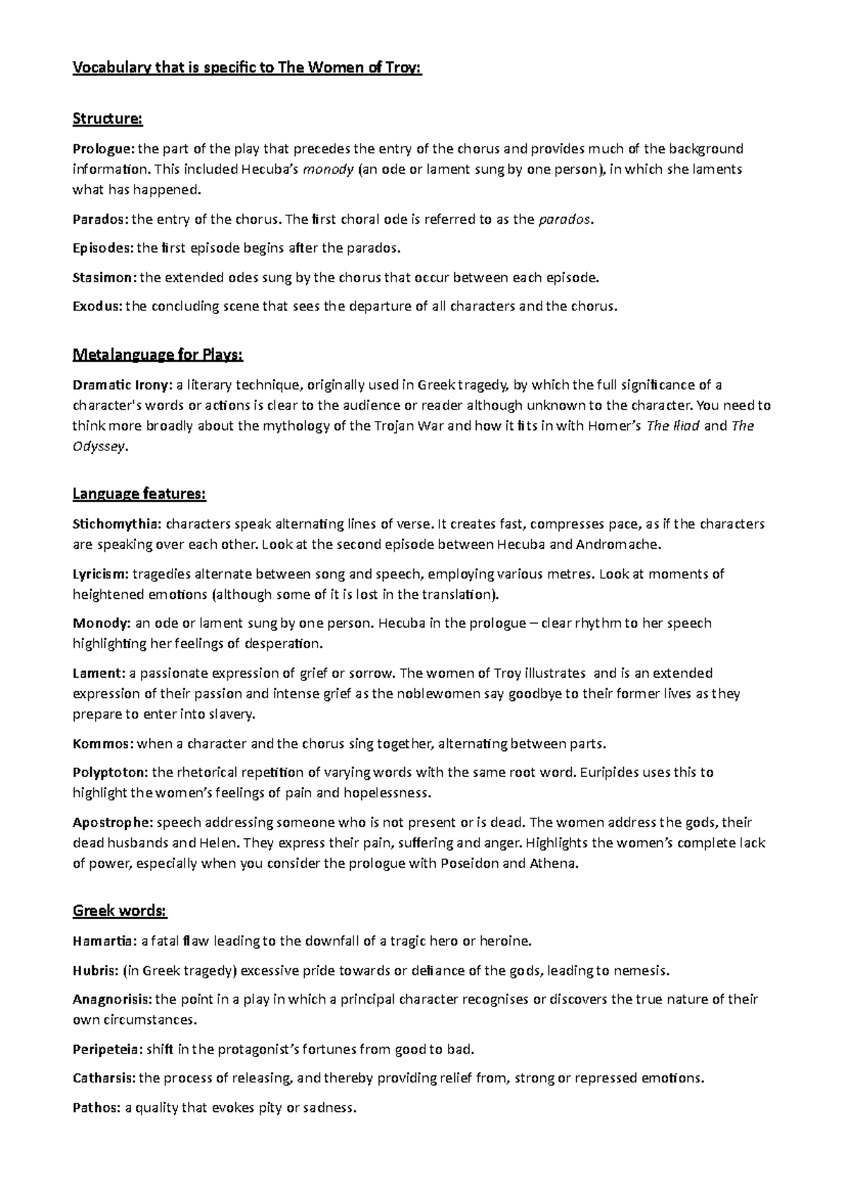 Vocabulary- The Women of Troy - Vocabulary that is specific to The ...