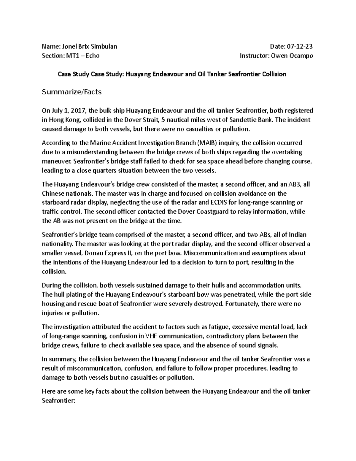 Case Study Huayang Endeavour and Oil Tanker Seafrontier Collision ...