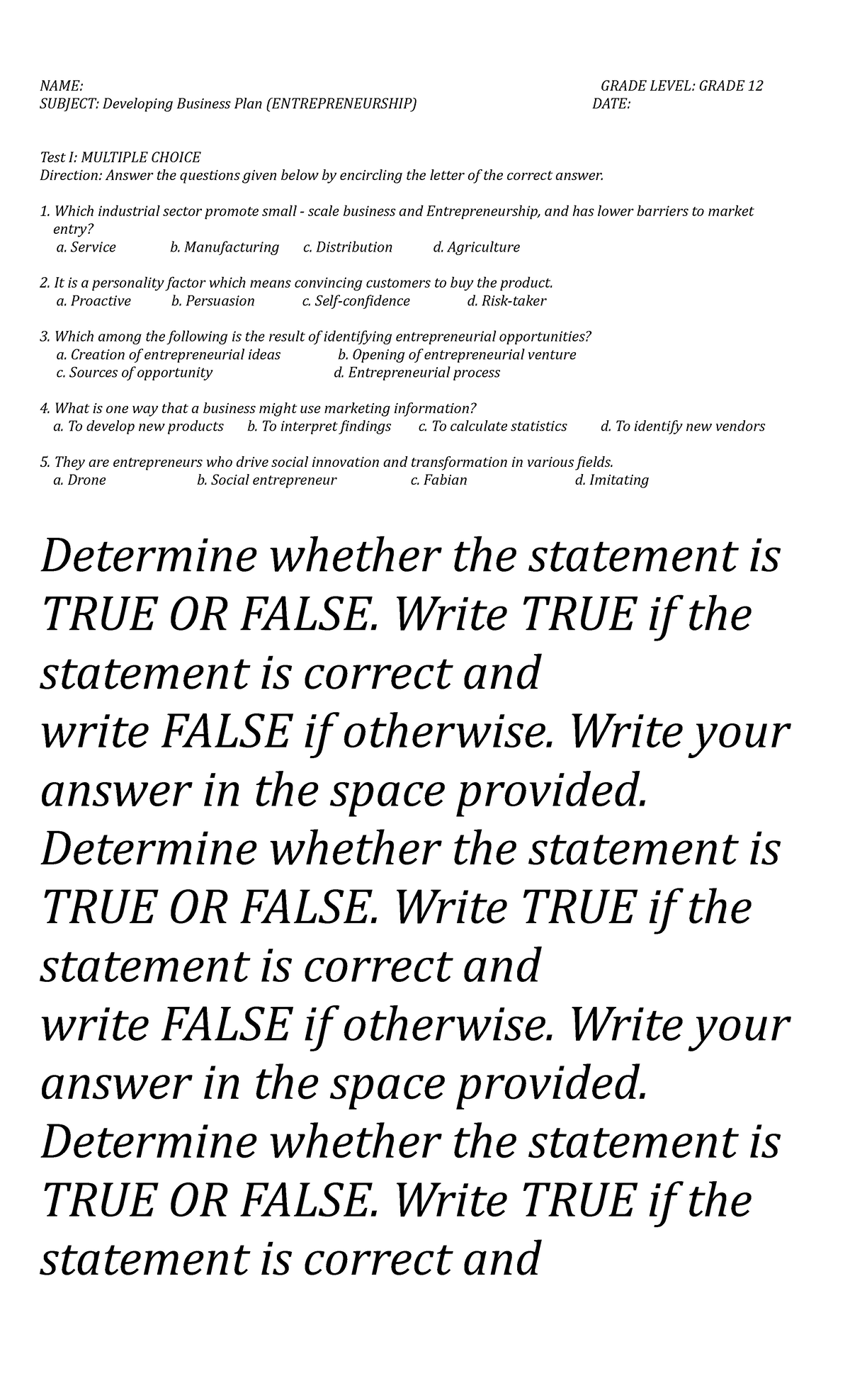 Sample TEST Items - NAME: GRADE LEVEL: GRADE 12 SUBJECT: Developing ...