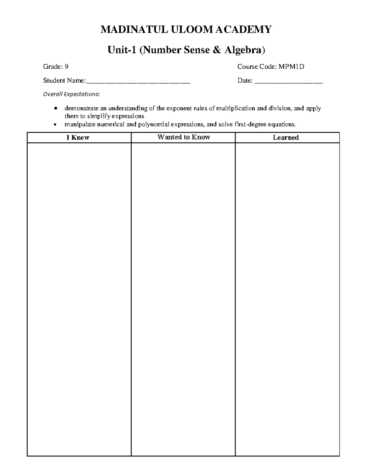 MUA MPM1D Grade 9 2020/21 Math Knew Wanted Learned chart or kwl chart ...