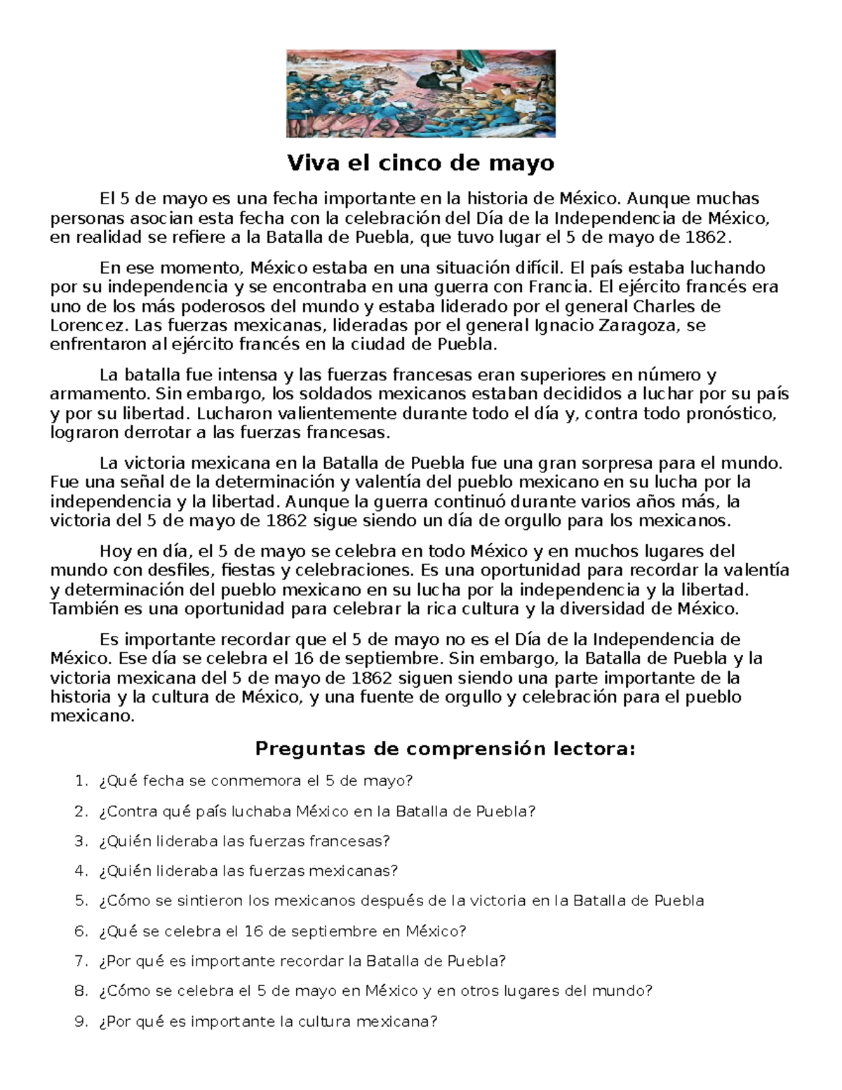 Lectura-+VIVA+EL+ Cinco+DE+MAYO - Viva el cinco de mayo El 5 de mayo es ...
