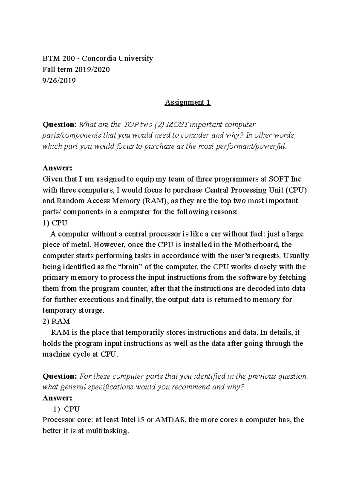 431650355 BTM 200 Concordia Assignment 1 - BTM 200 - Concordia University Fall term 2019/ 9/26 ...