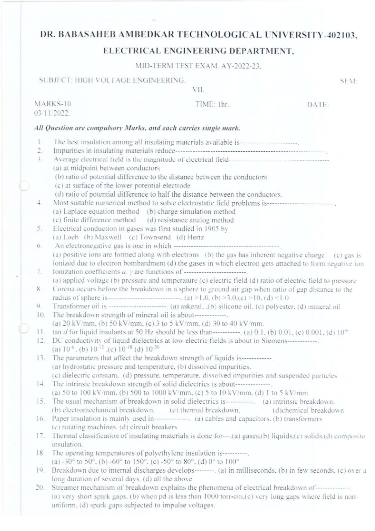 High Voltageengg VII - Electrical Engineering - Studocu