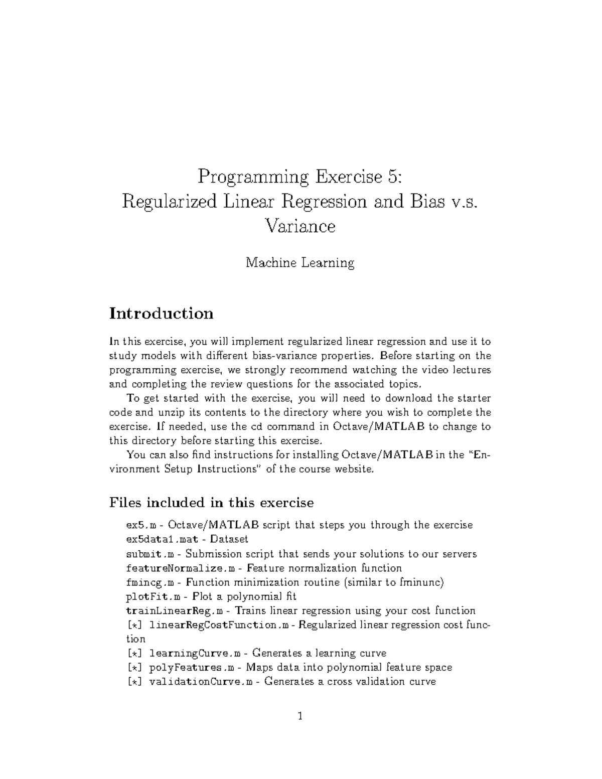 Ex5 - Exercise machine learning ANdrew Ng - Programming Exercise 5: Regularized Linear ...