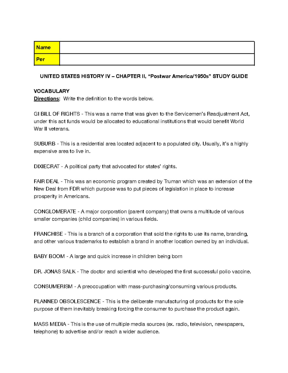 Postwar America/1950s - Name Per UNITED STATES HISTORY IV – CHAPTER II ...