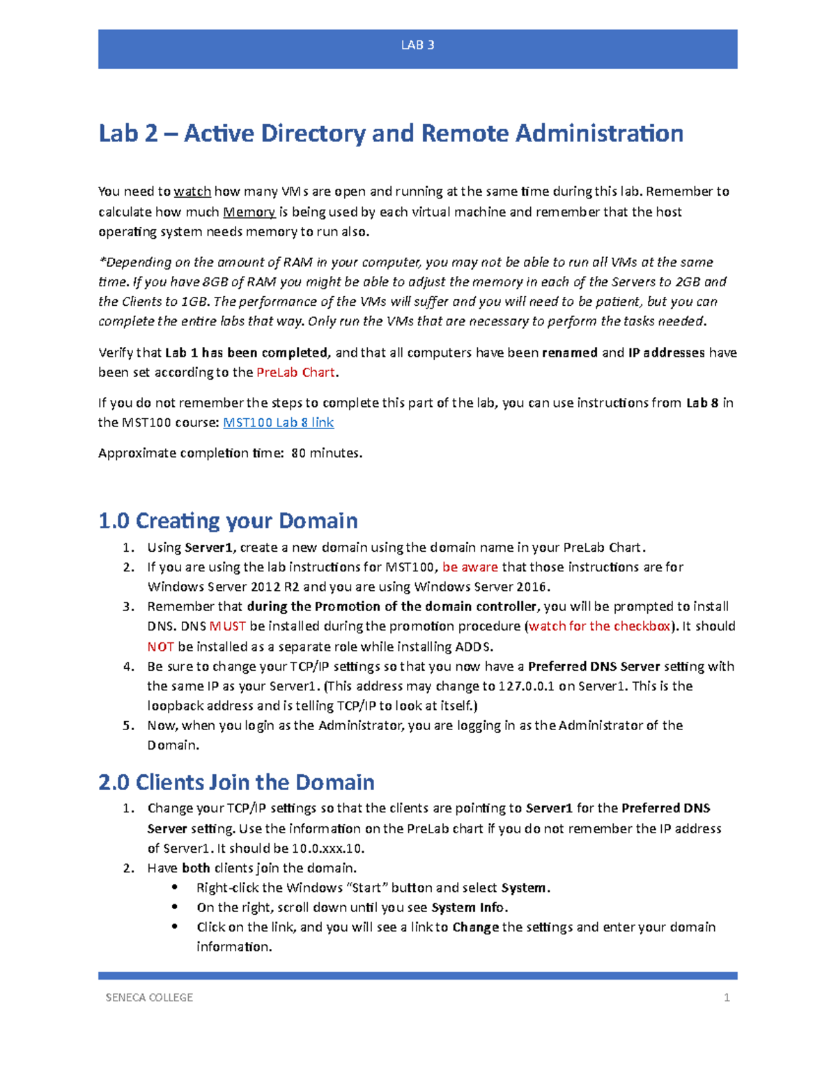 Lab 2 - AD and Remote Admin - Lab 2 – Active Directory and Remote Administration You need to ...