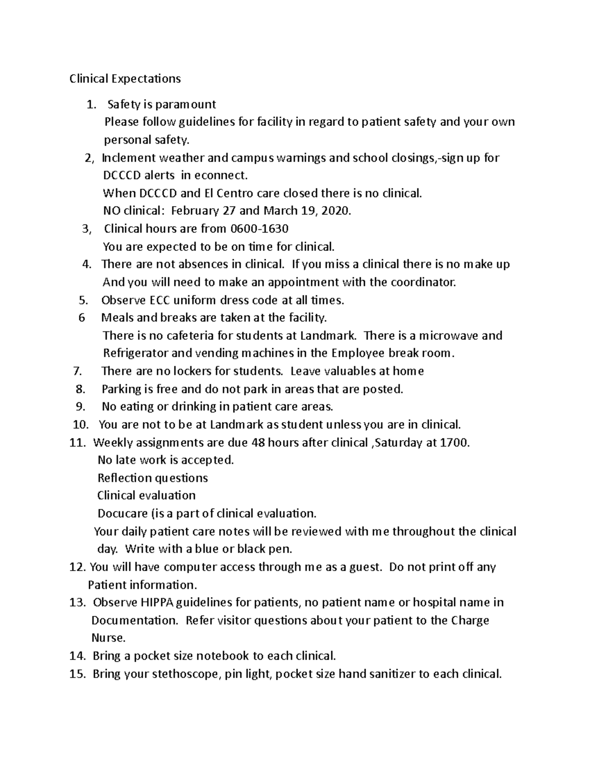 Clinical Expectations SP20 1161 - Clinical Expectations Safety is ...