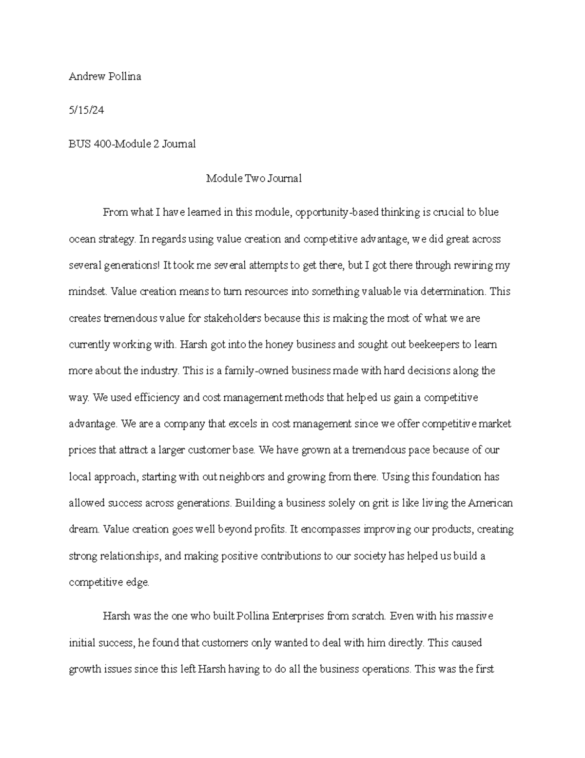 BUS 400 module 2 journal - Andrew Pollina 5/15/ BUS 400-Module 2 ...