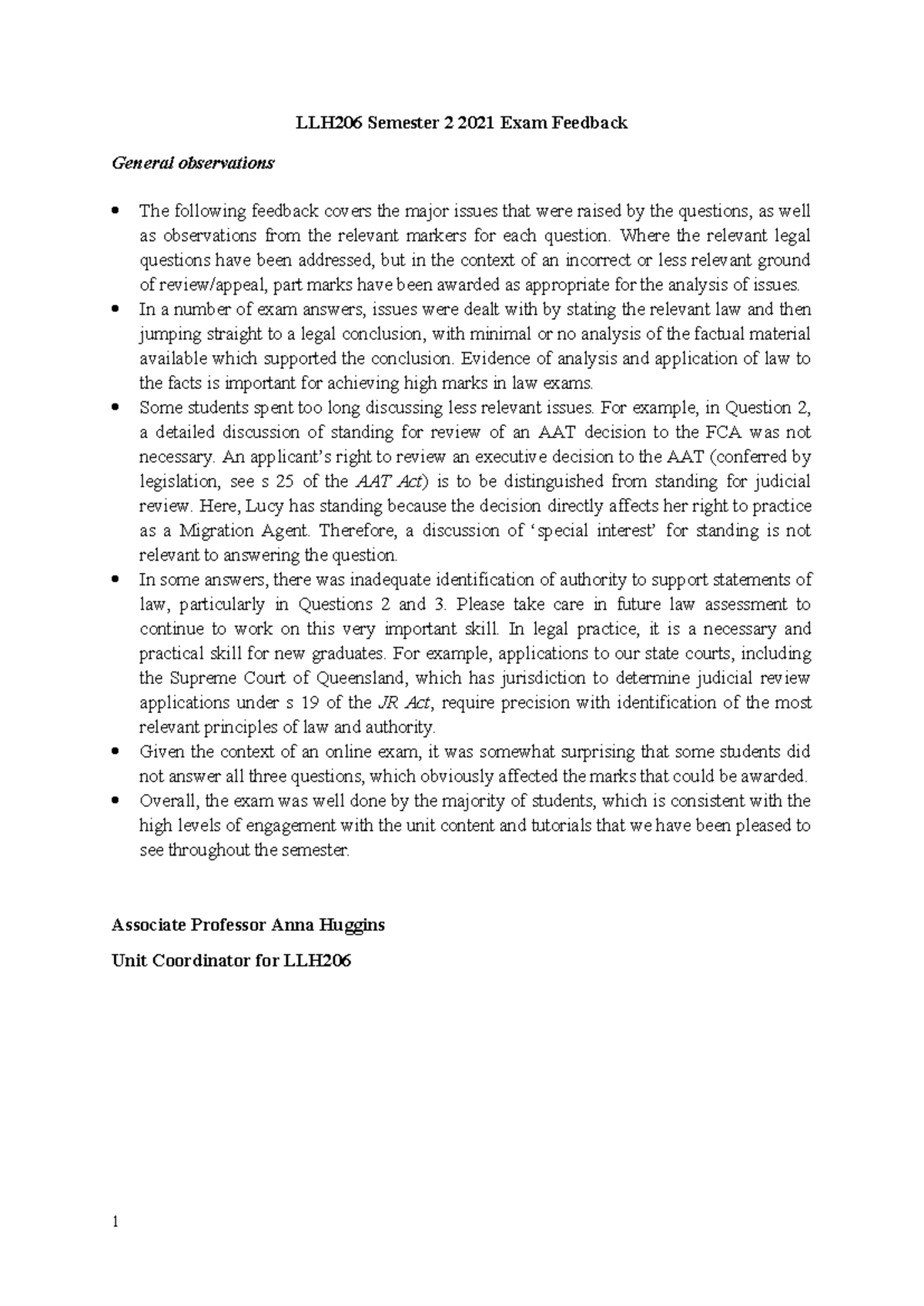 2021 Exam Feedback - LLH206 Semester 2 2021 Exam Feedback General ...