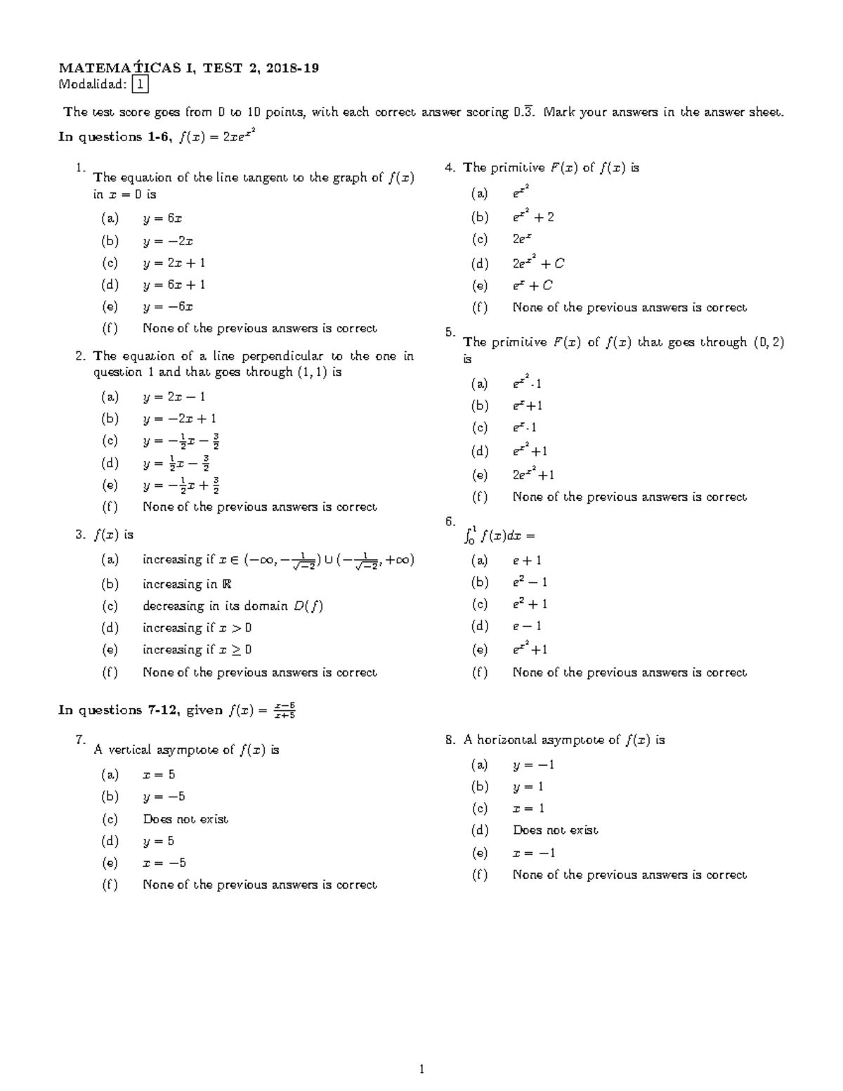 Examen parcial mates i ingles 2018 - MATEMATICAS I, TEST 2, 2018-19 ́ ...
