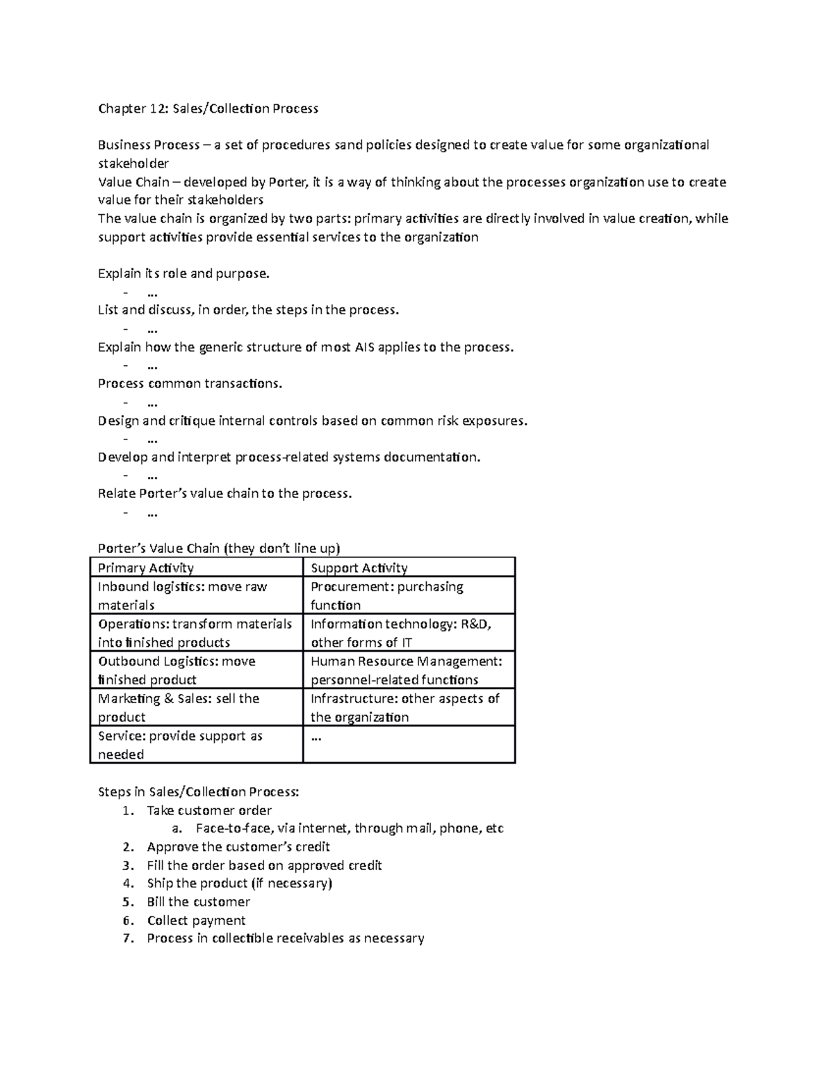 ACCT300 Chapter 12 Notes - Chapter 12: Sales/Collection Process ...