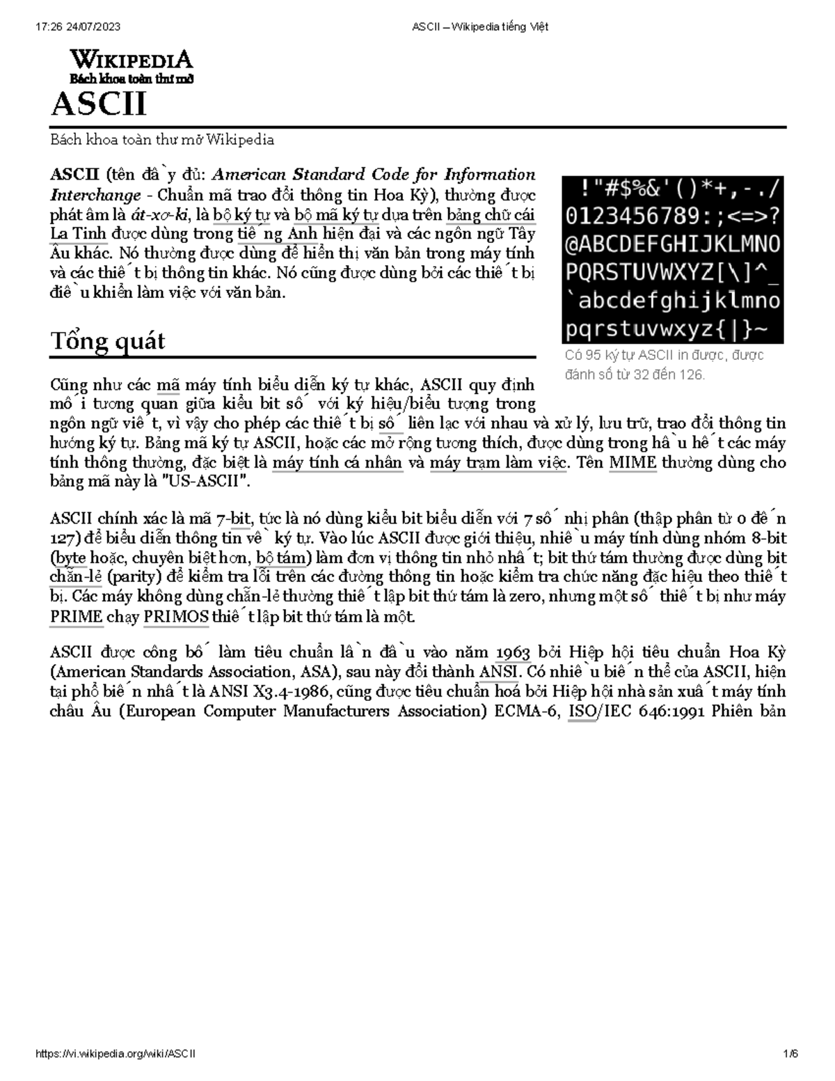 Ascii – Wikipedia tiếng Việt - Có 95 ký tự ASCII in được, được đánh số từ 32 đến 126. ASCII Bách ...
