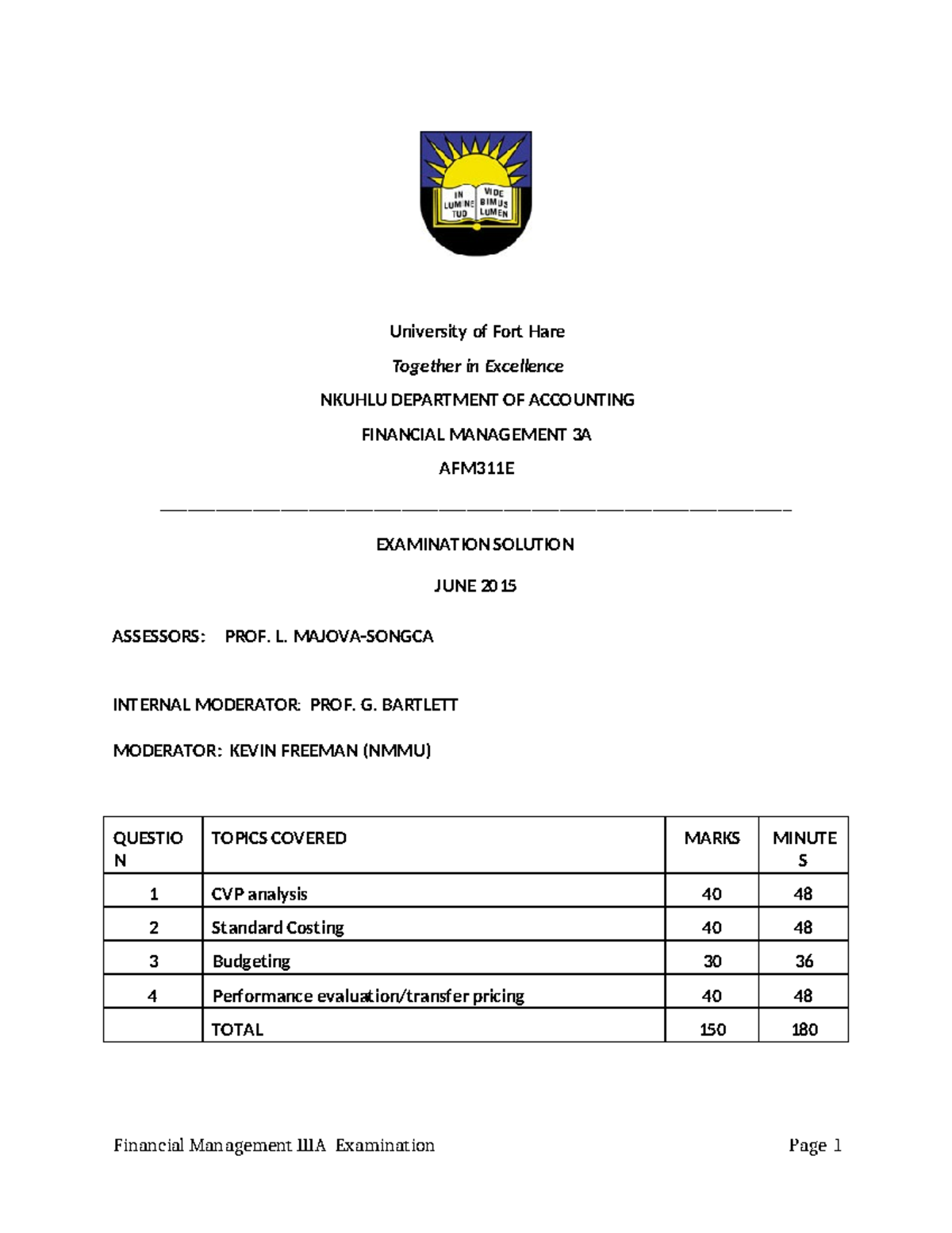 Solution to Fin 3A Main exams 2015 - University of Fort Hare Together ...