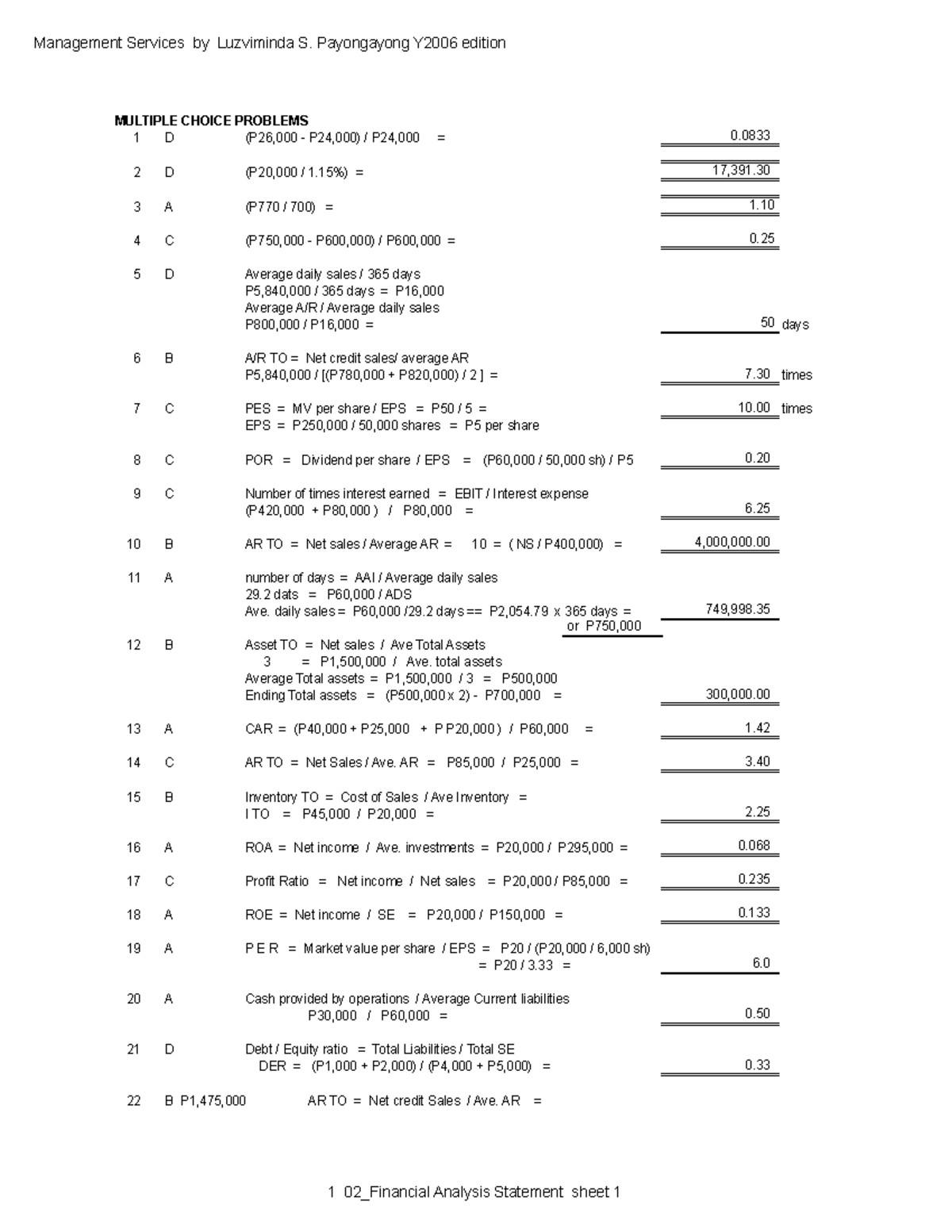 02 Financial Analysis Statement - sheet 1 - Management Services by ...