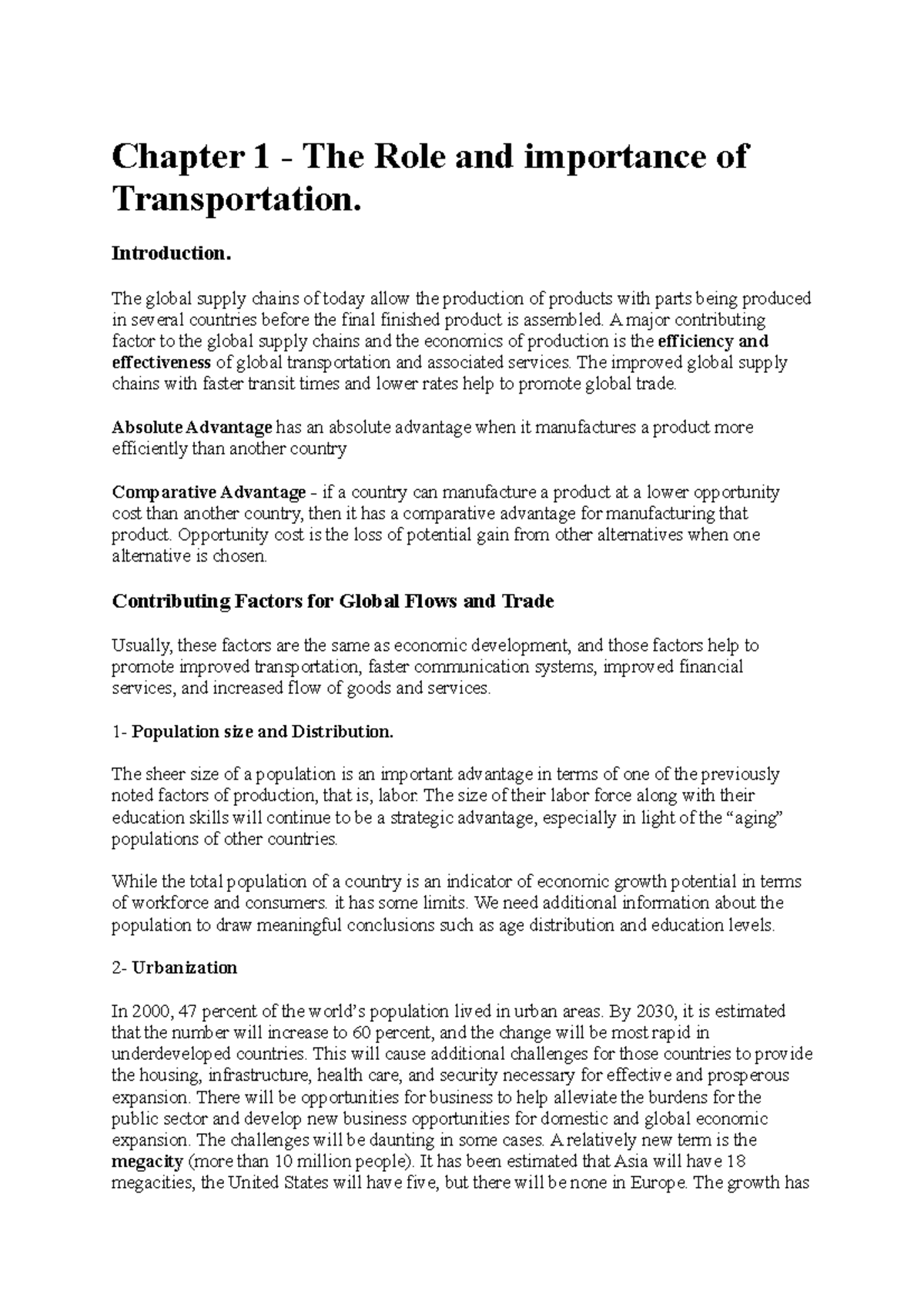 Summary chapter 1 - The Role and importance of Transportation ...
