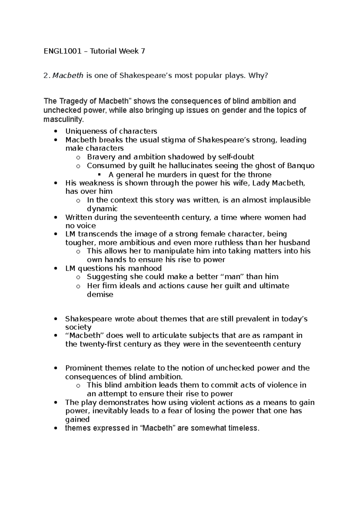Macbeth Lecture Notes - ENGL1001 – Tutorial Week 7 Macbeth is one of ...