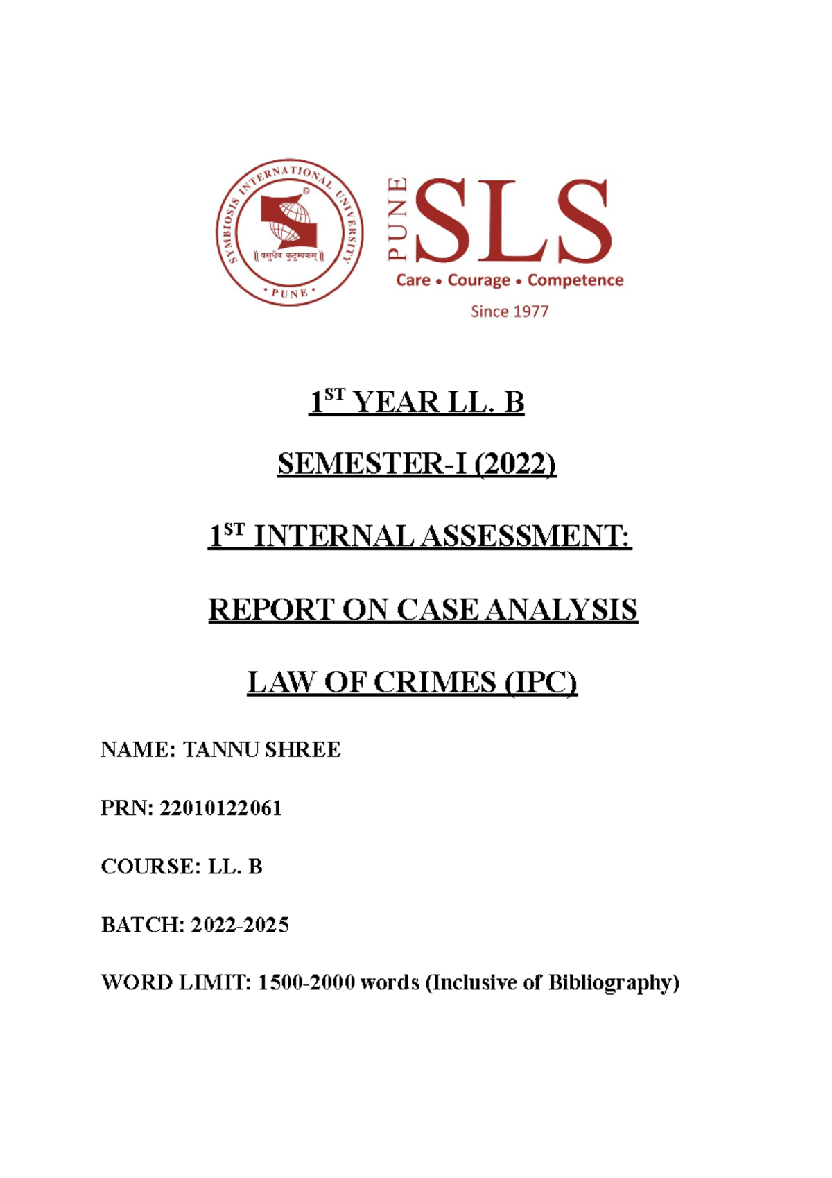 IPC 1ST Internal - 1 ST YEAR LL. B SEMESTER-I (2022) 1 ST INTERNAL ...