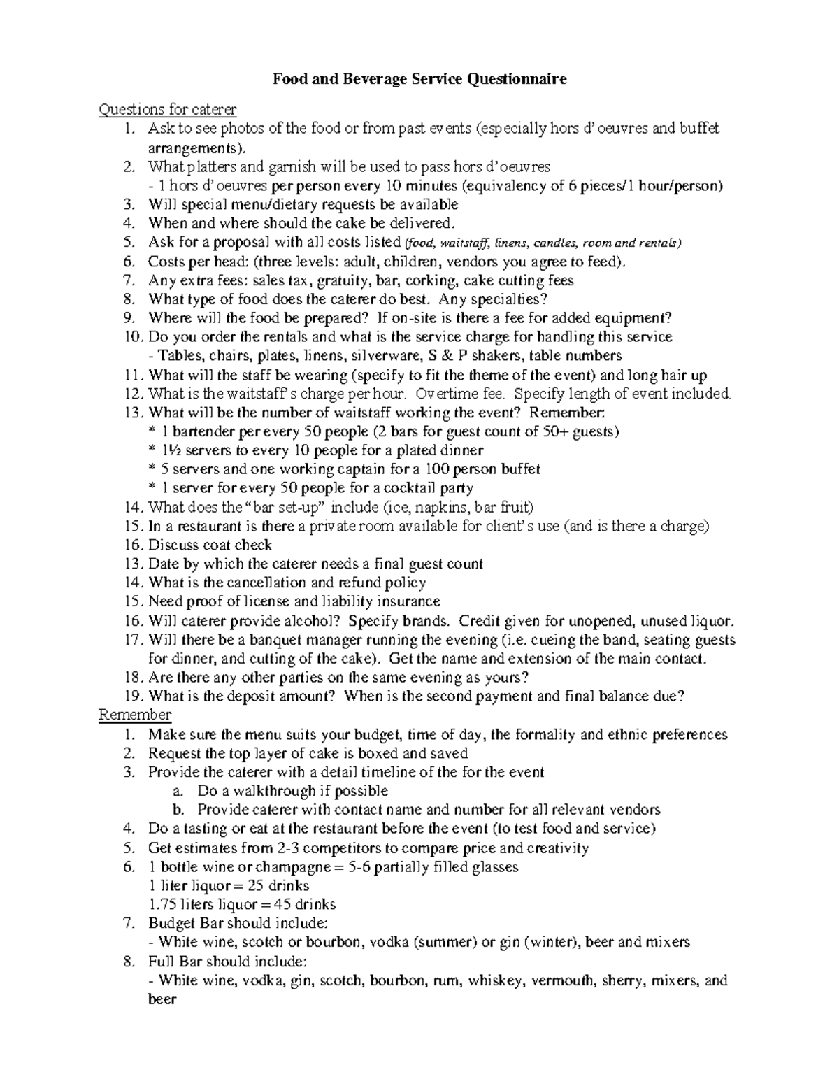 Food and Beverage Service Questionnaire - Food and Beverage Service ...