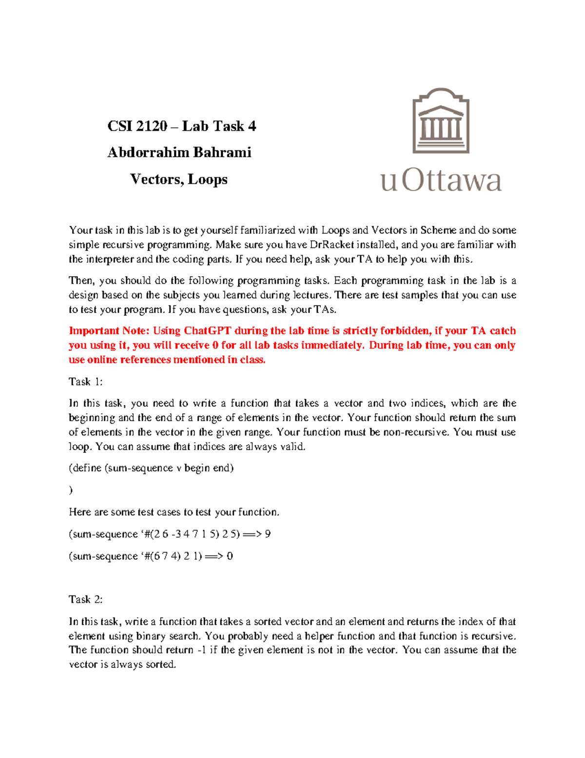 Lab Task 4 Let Scheme Monday Labs - CSI 2120 – Lab Task 4 Abdorrahim ...