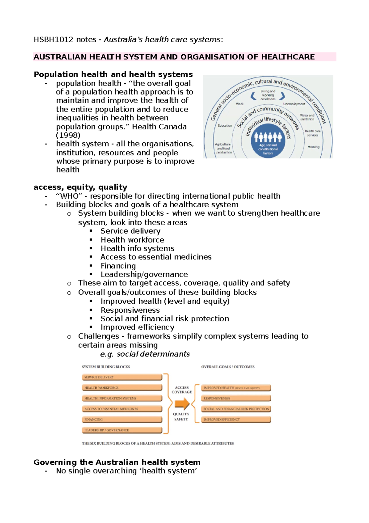 healthcare system notes - HSBH1012 notes - Australia’s health care ...