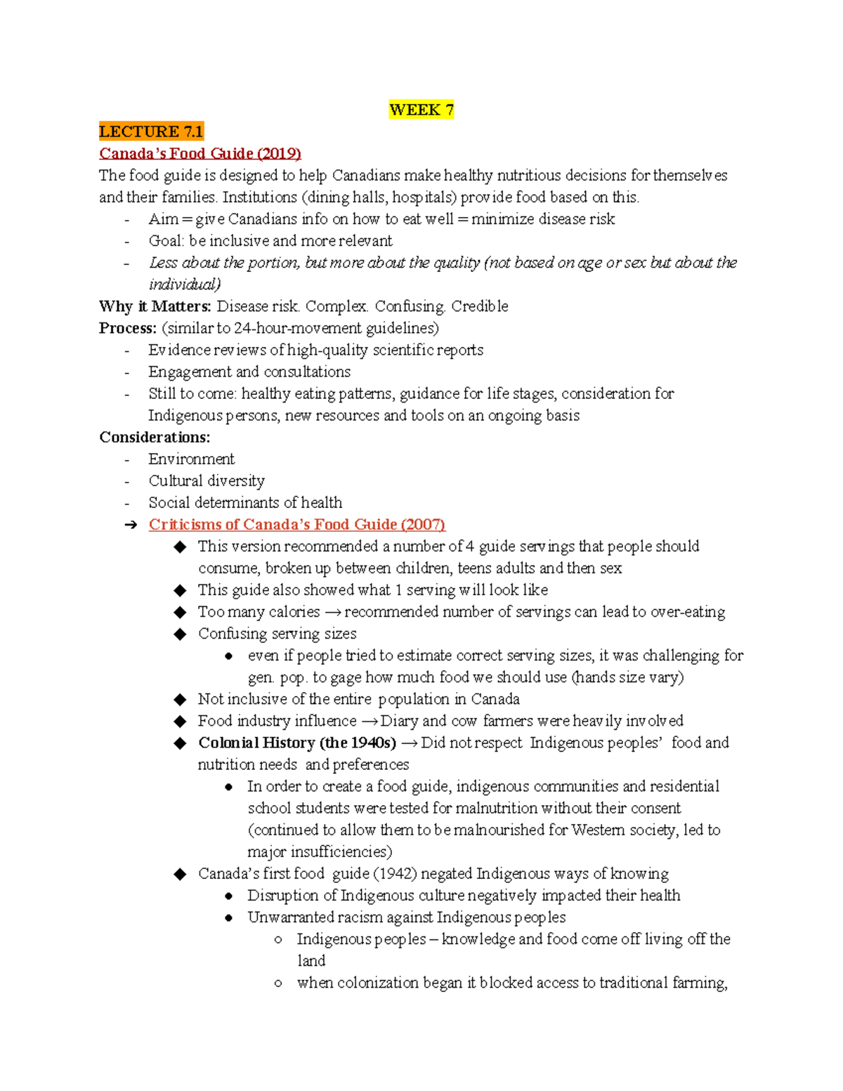 Quiz #3 Review - WEEK 7 LECTURE 7. Canada’s Food Guide (2019) The food ...