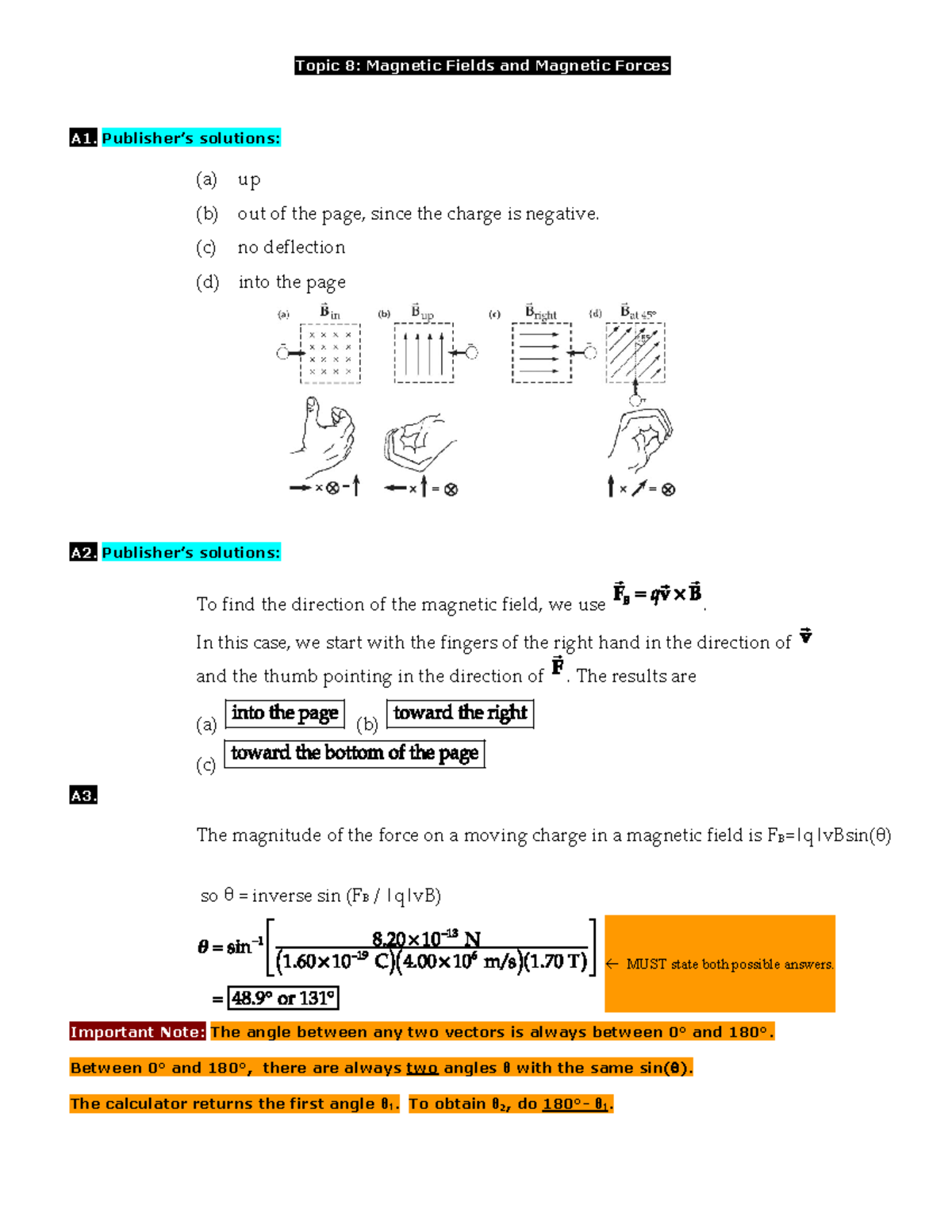 EMTopic 08-Problem Set Solutions - Topic 8: Magnetic Fields and Magnetic Forces A1. Publisher’s ...