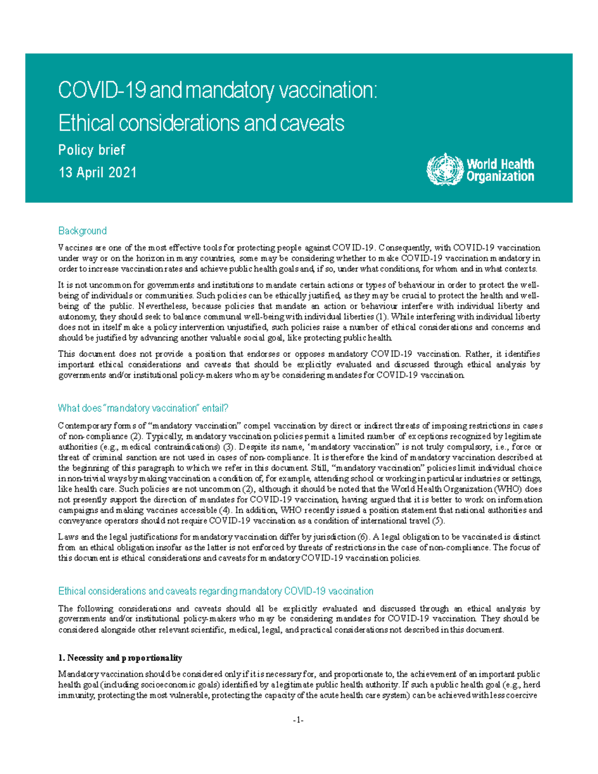 WHO 2019 n Co V Policy brief Mandatory vaccination 2021 - Background ...