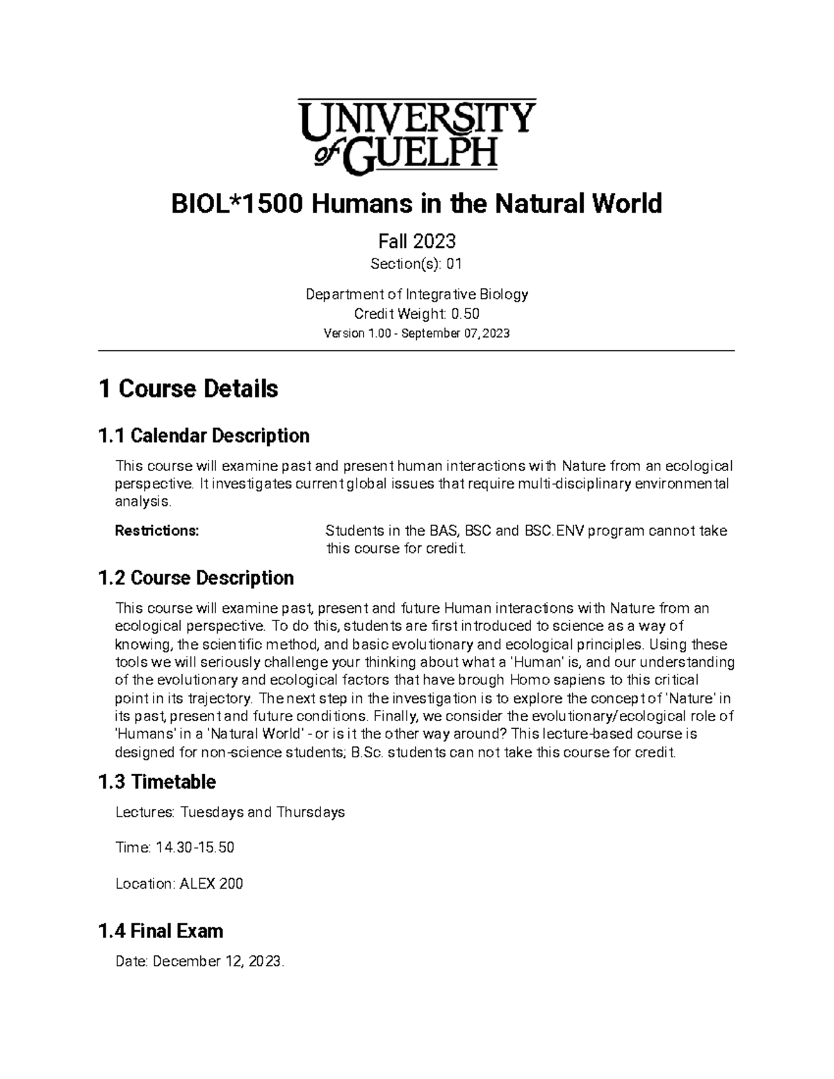 BIOL 1500 F23 Course Outline - BIOL*1500 Humans in the Natural World ...