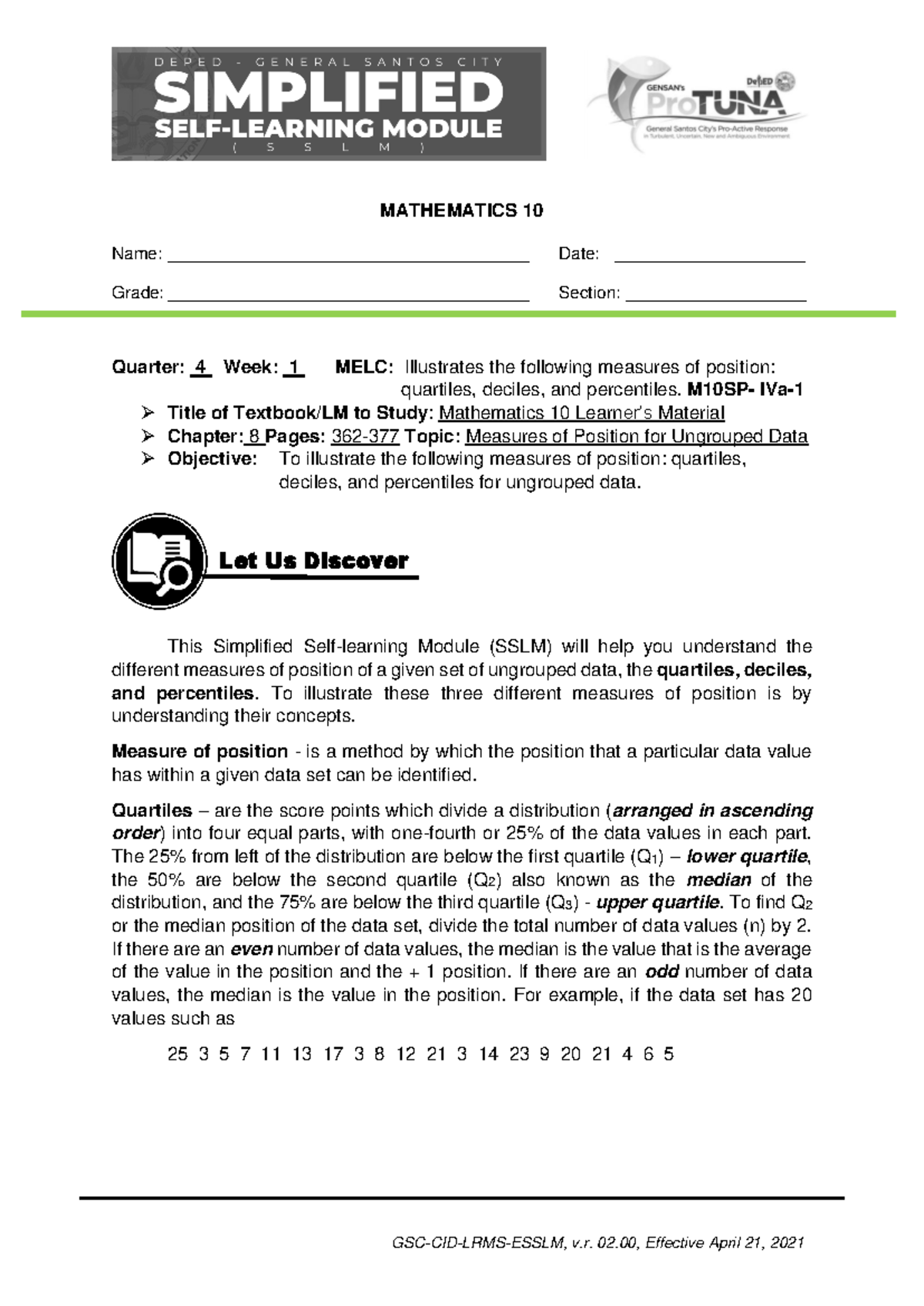 Math10 Q4 Week 1 SSLM - bla bla bla - MATHEMATICS 10 Name ...