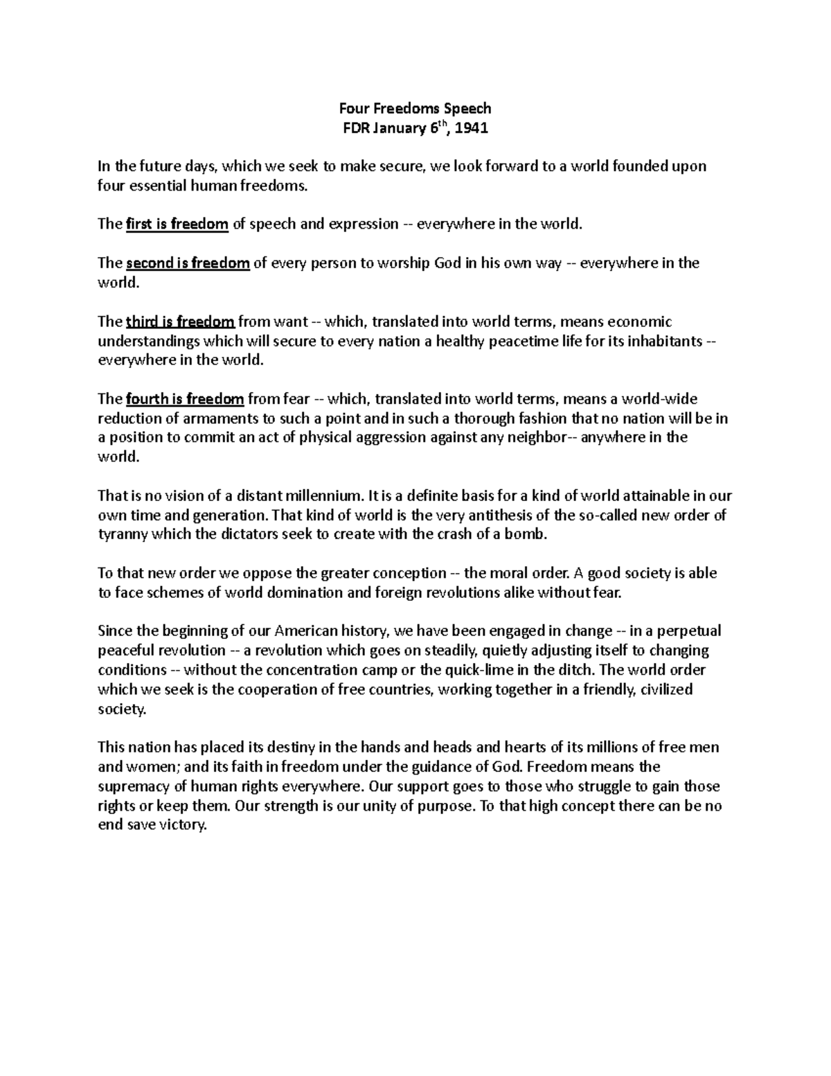 History - notes - Four Freedoms Speech FDR January 6th, 1941 In the ...
