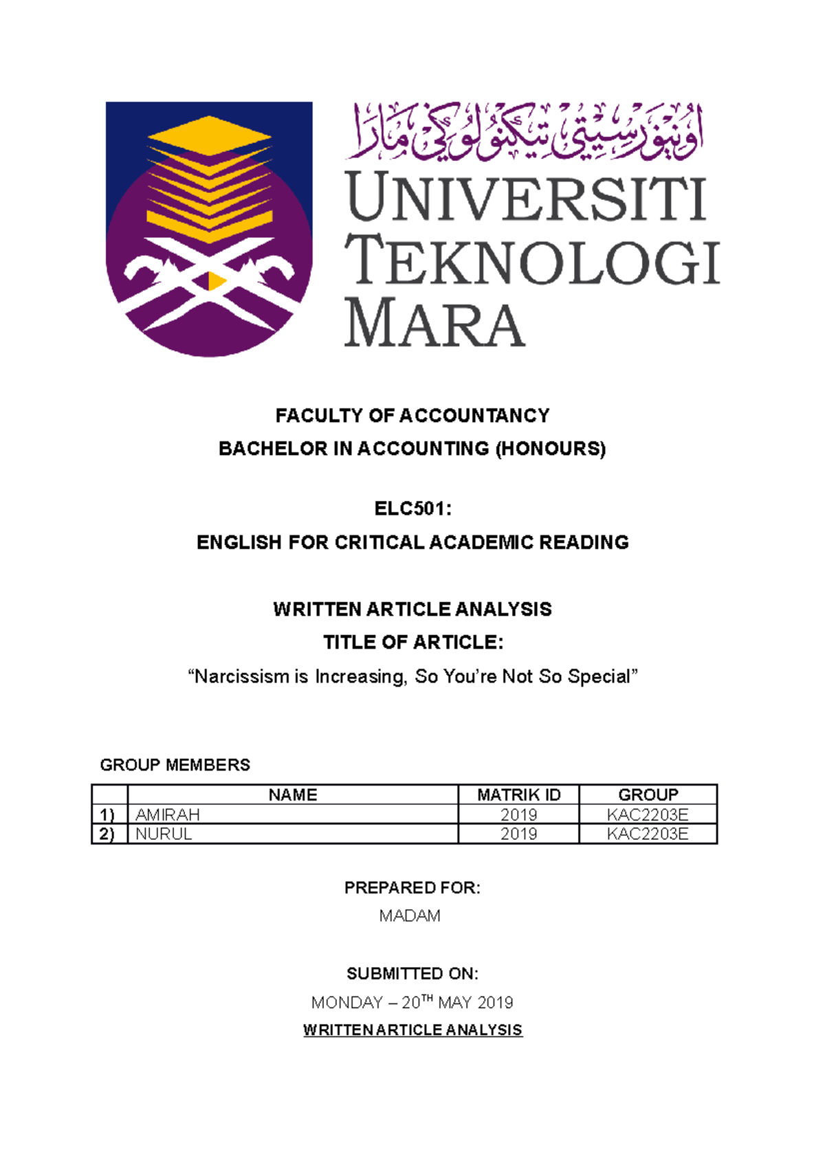 ELC501 - Written Article Analysis - English for Critical Academic ...