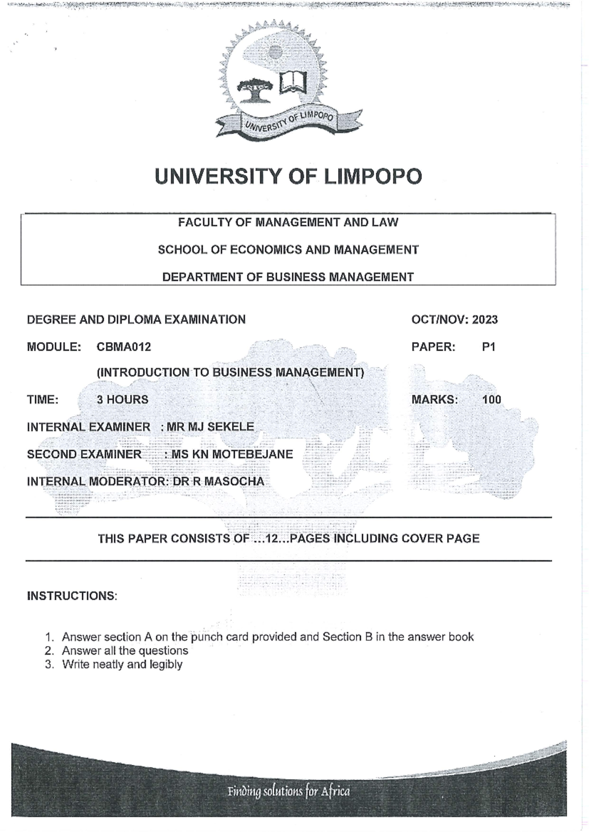 CBMA012 OCT-NOV 2023 - question paper - UNIVERSITY OF LIMPOPO ...