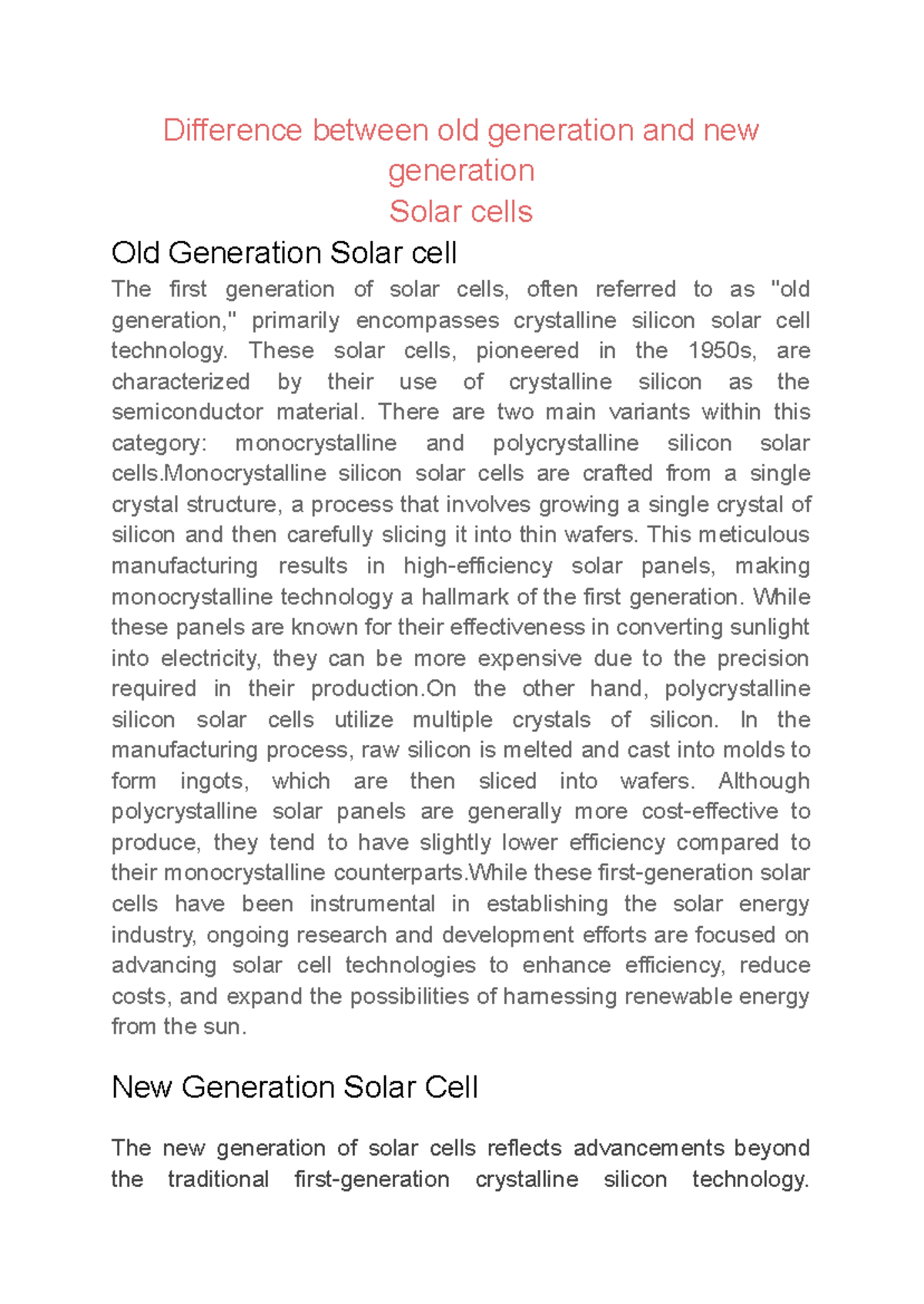 Difference between old generation and new generation Solar cells ...