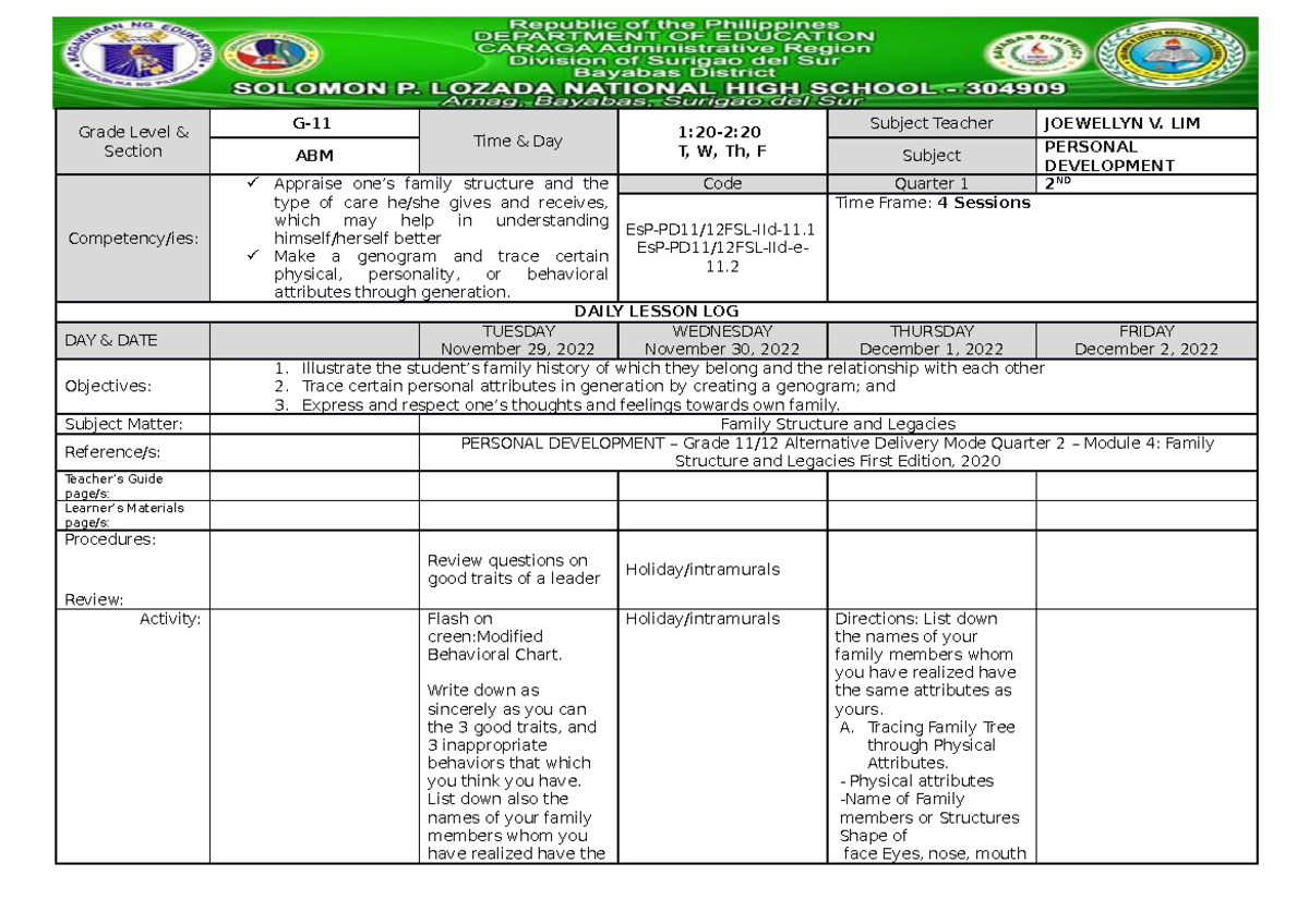 DLL Perdev W4 Q2 - LESSON PLAN - Grade Level & Section G- Time & Day 1: ...