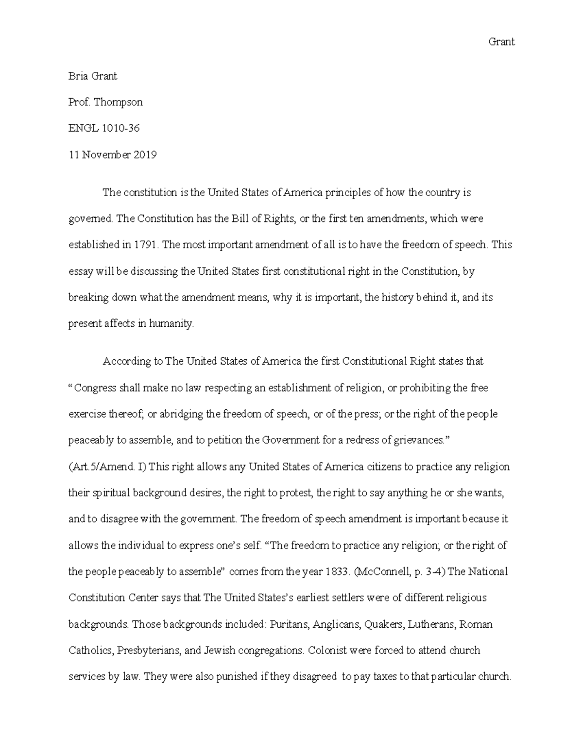 Constitutional Rights Essay - Bria Grant Prof. Thompson ENGL 1010- 11 ...