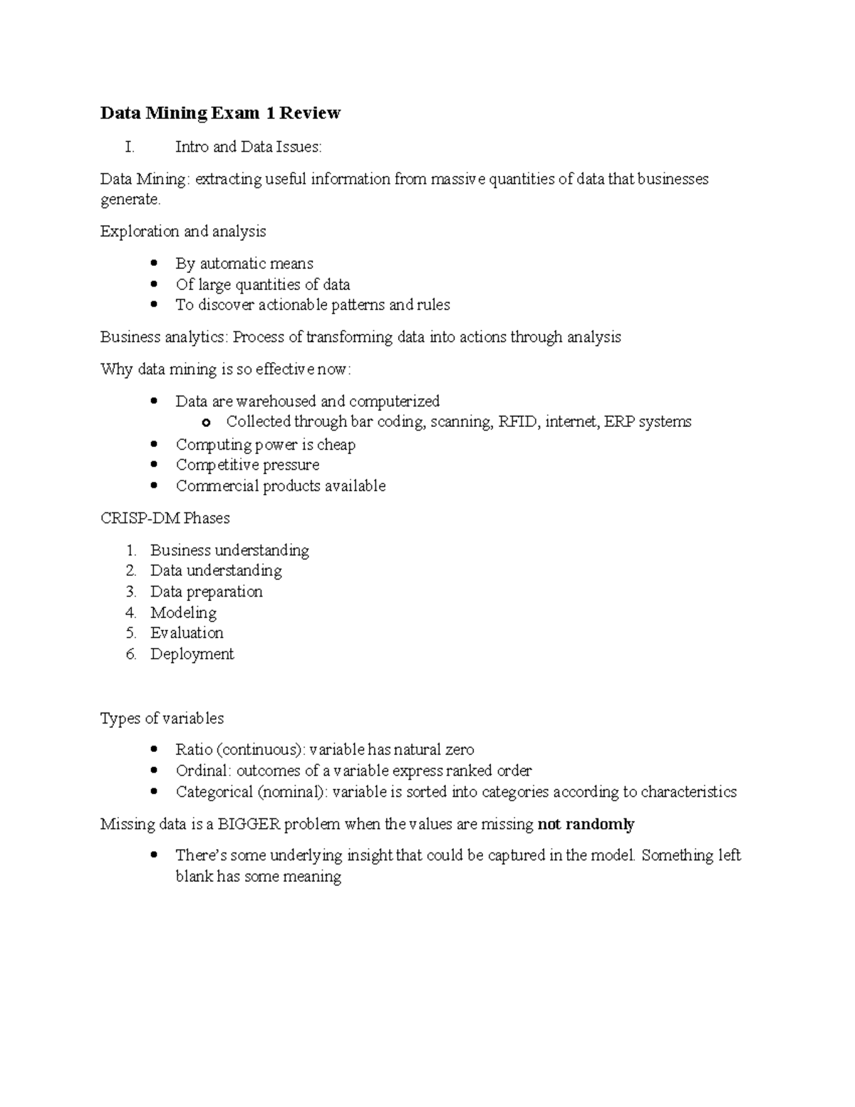 Data mining exam 1 review - Data Mining Exam 1 Review I. Intro and Data ...