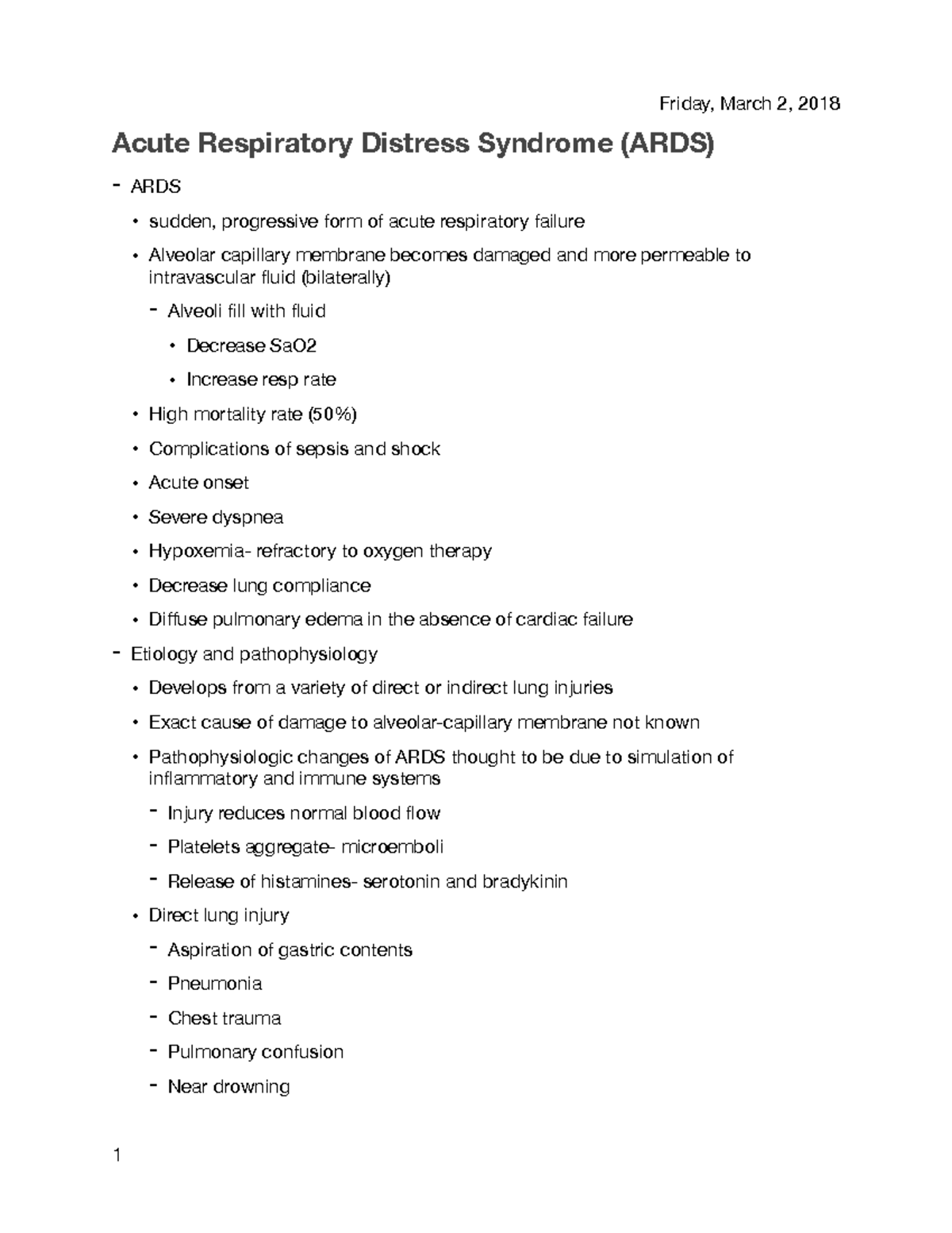 ARDS Notes - Dr Rickeard - Friday, March 2, 2018 Acute Respiratory ...