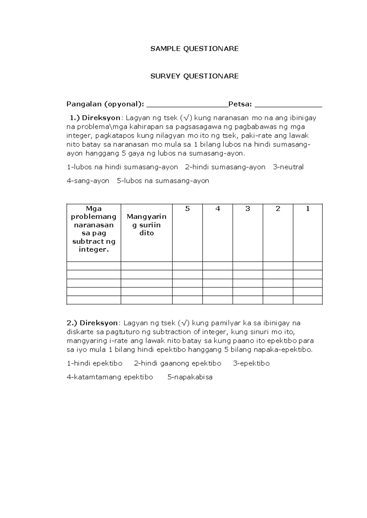 Sample Questionnare Tagalog - SAMPLE QUESTIONARE SURVEY QUESTIONARE ...