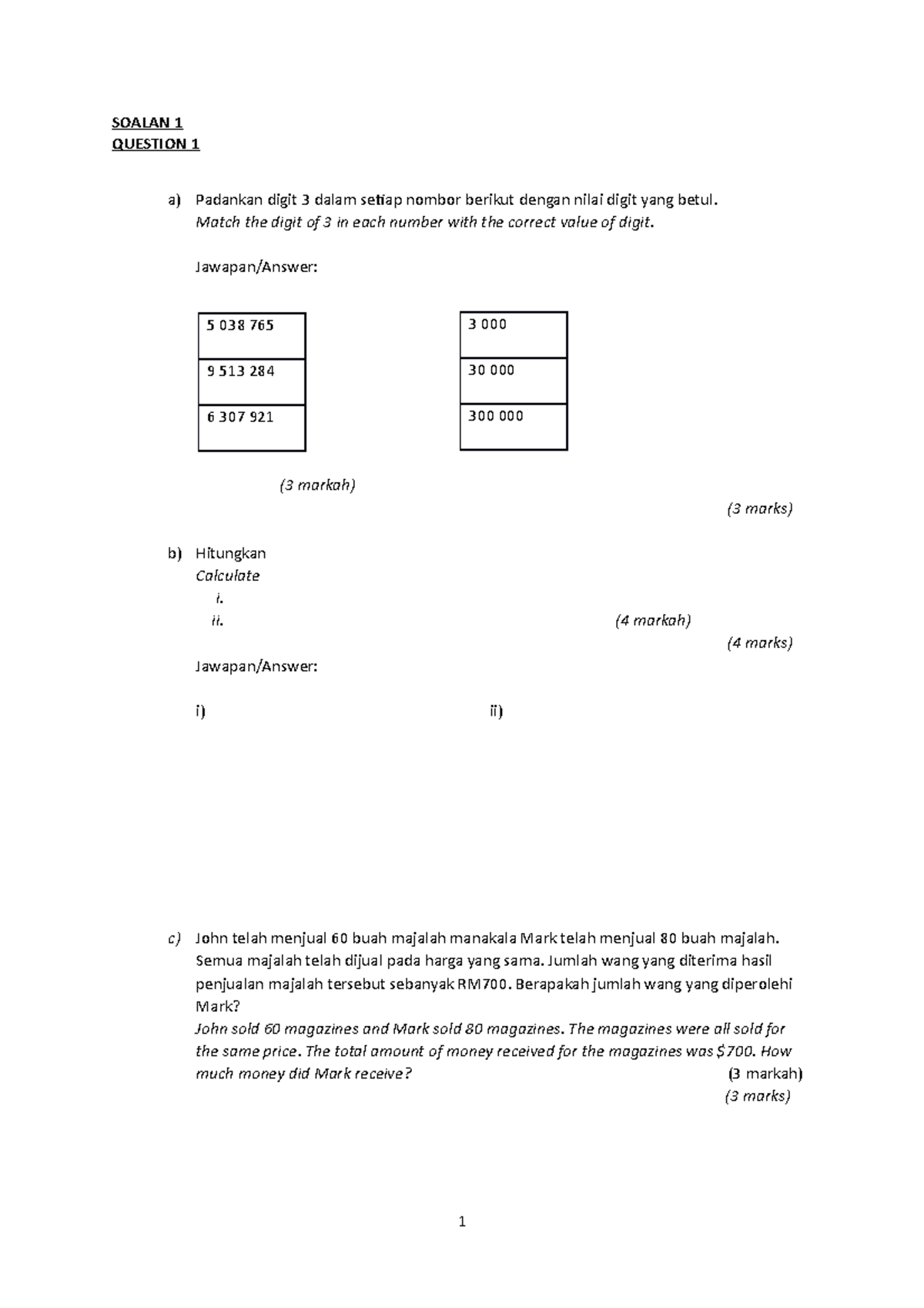 Soalan math up1 2016 tingkatan 1 - SOALAN 1 QUESTION 1 a) Padankan ...
