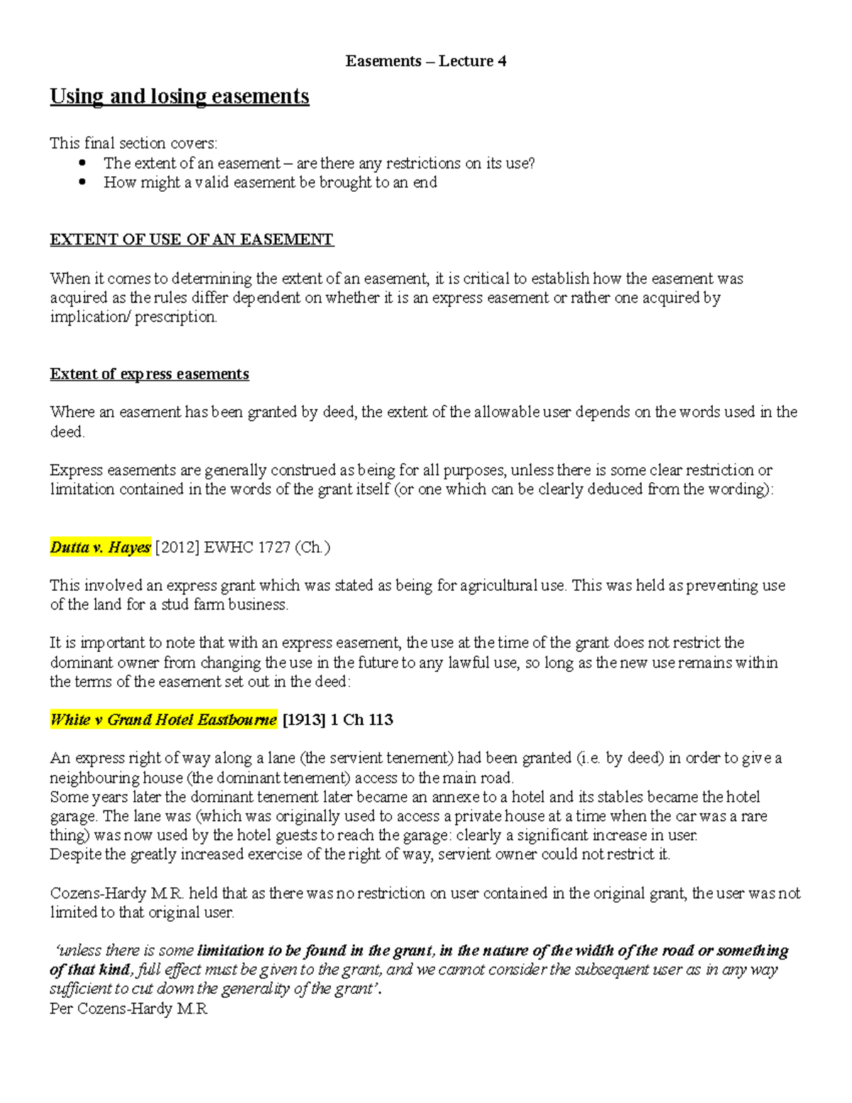 Easements Lecture 4 - Land Law LAWDM0075 - StuDocu