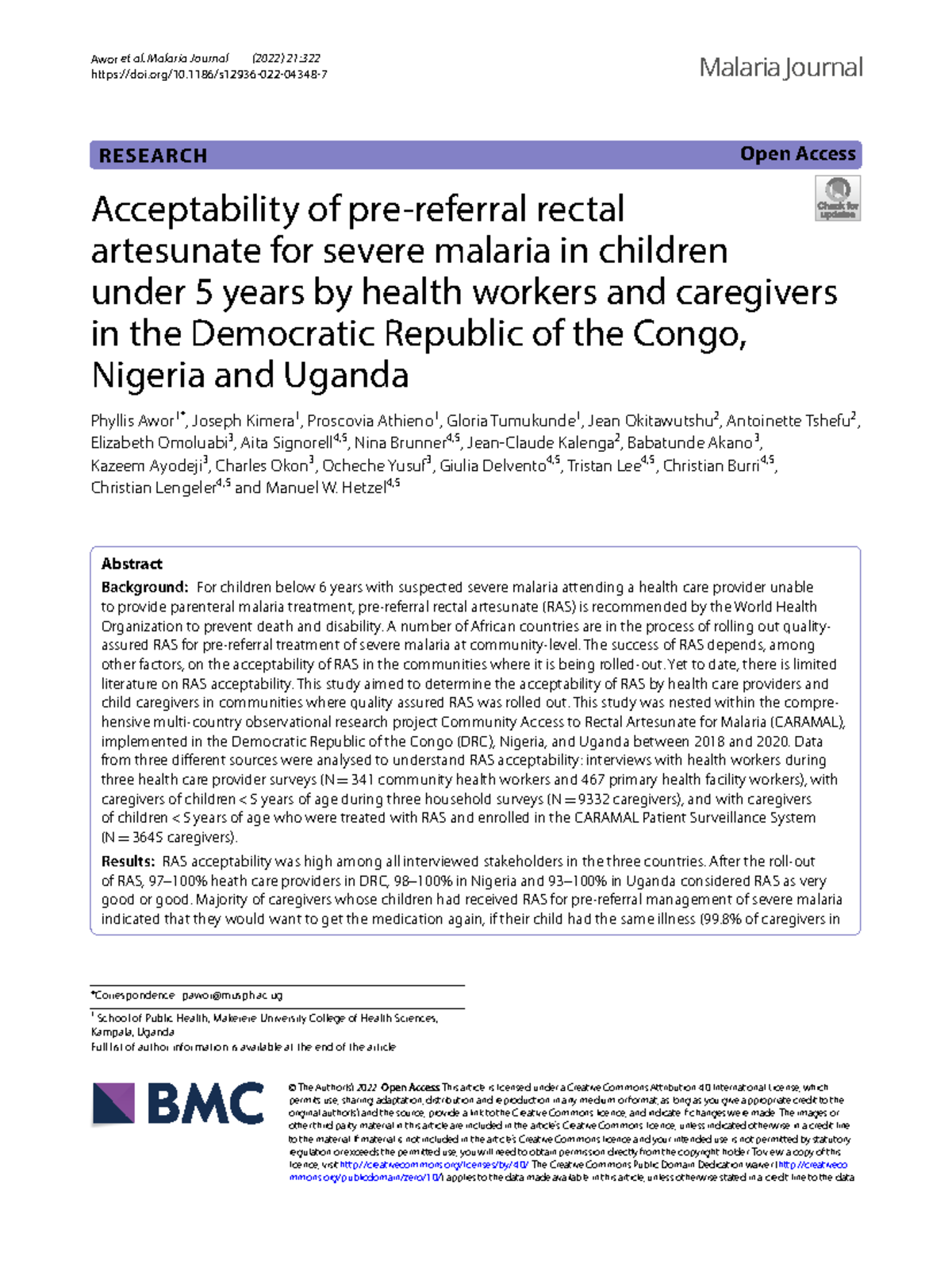 3 - guyct7cxr - Awor et al. Malaria Journal (2022) 21: doi/10.1186 ...