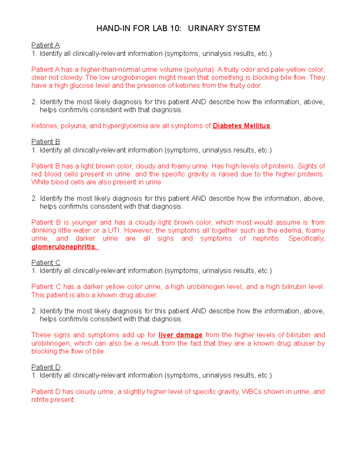 Lab 10 Handin - Answers to Lab10 - HAND-IN FOR LAB 10: URINARY SYSTEM Patient A: Identify all ...