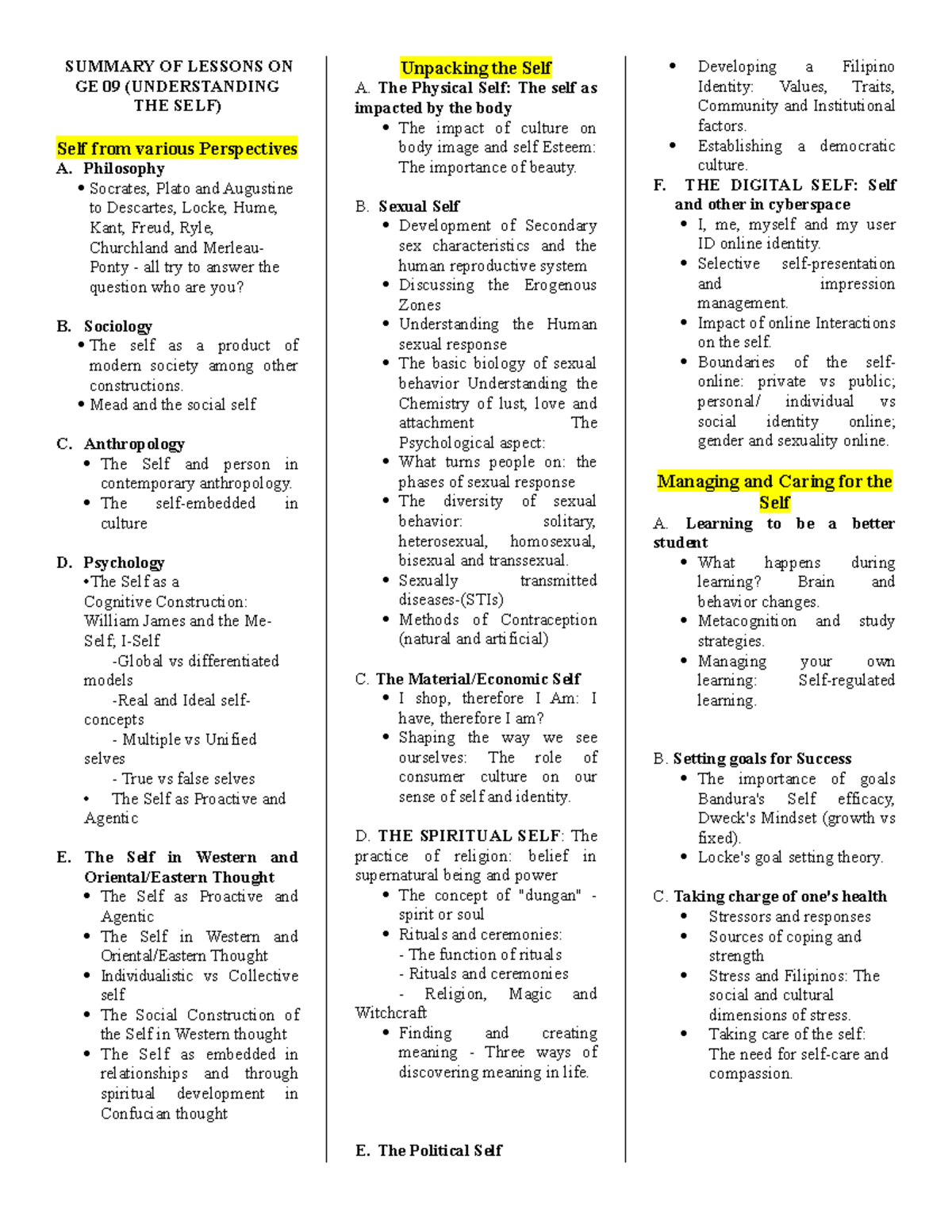 Summary OF Lessons ON GE 09 - SUMMARY OF LESSONS ON GE 09 ...