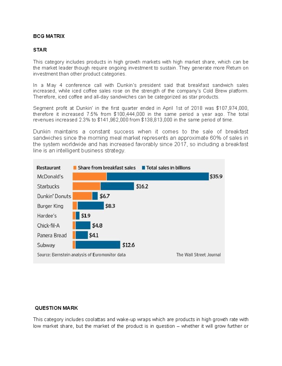 BCG Matrix Dunkin case study - BCG MATRIX STAR This category includes ...