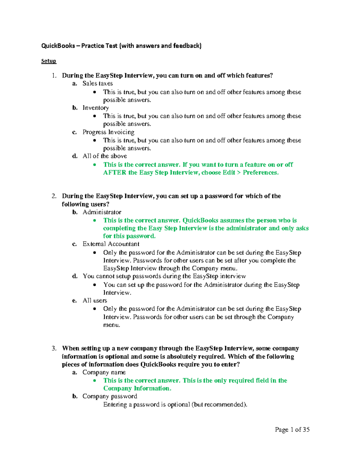 Business-I - Done - QuickBooks – Practice Test (with answers and ...